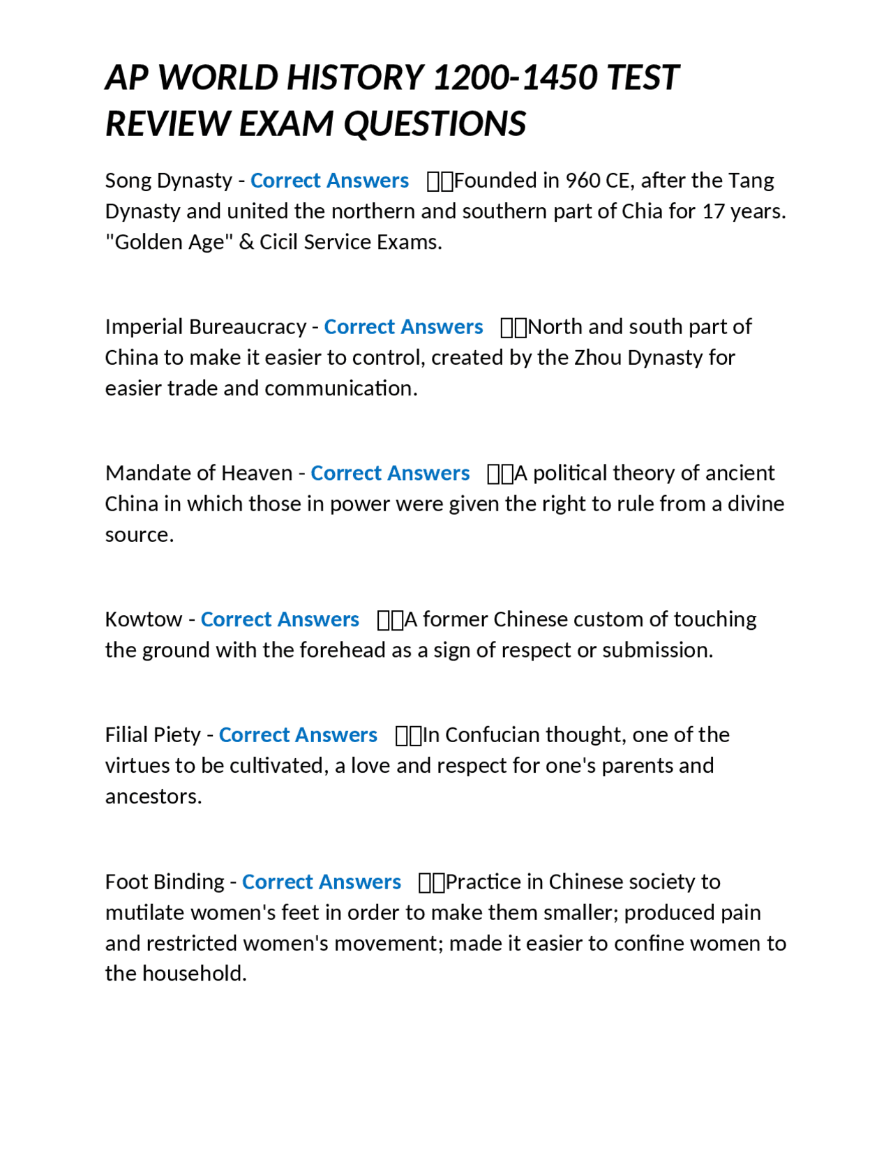 AP WORLD HISTORY 1200-1450 TEST REVIEW EXAM QUESTIONS | Exams Nursing ...