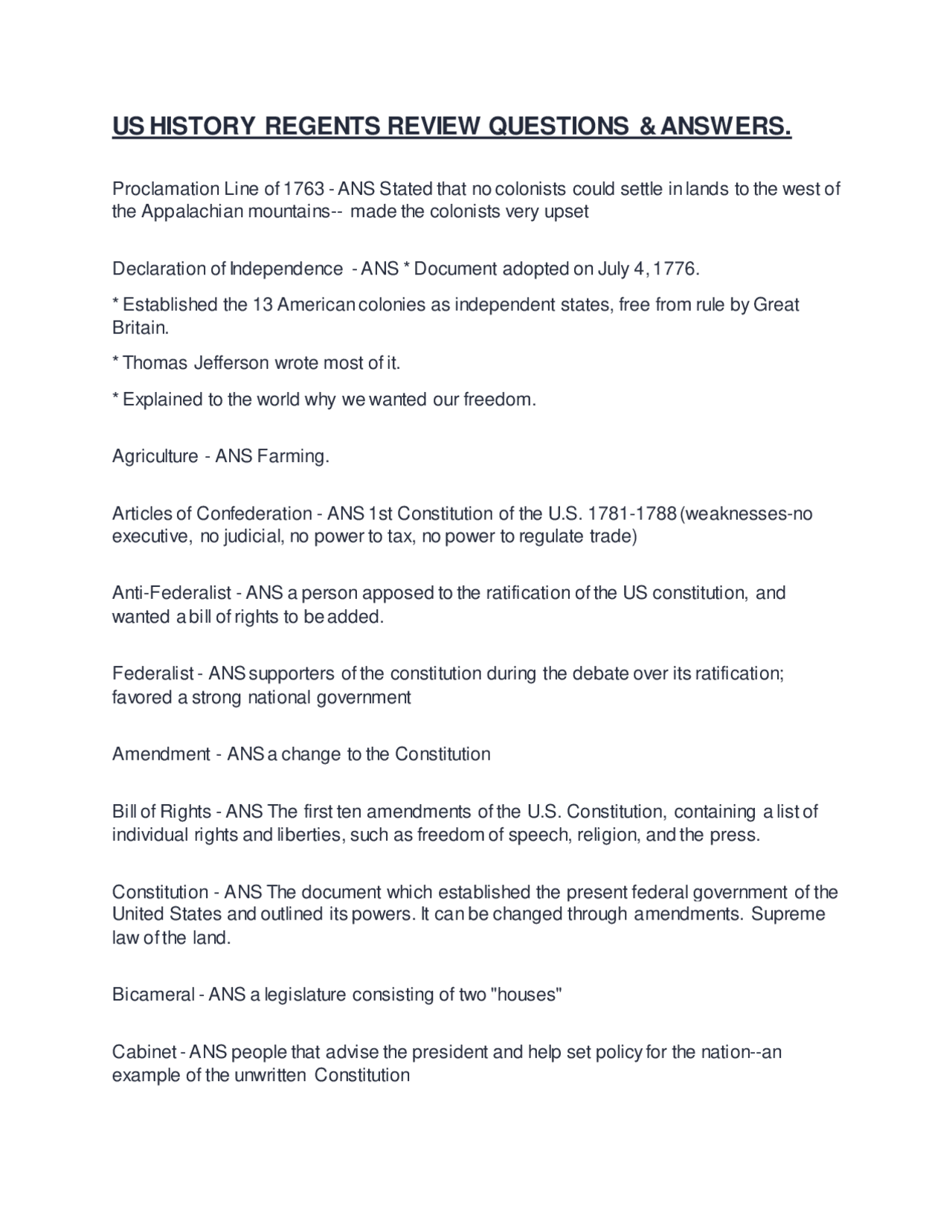 US HISTORY REGENTS REVIEW QUESTIONS & ANSWERS. | Exams History | Docsity