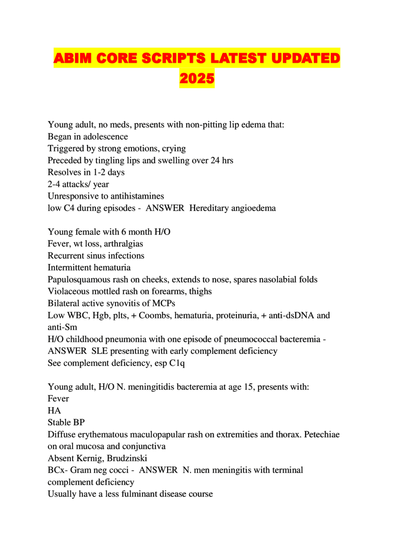 ABIM Core Scripts: Differential Diagnoses for Common Medical ...