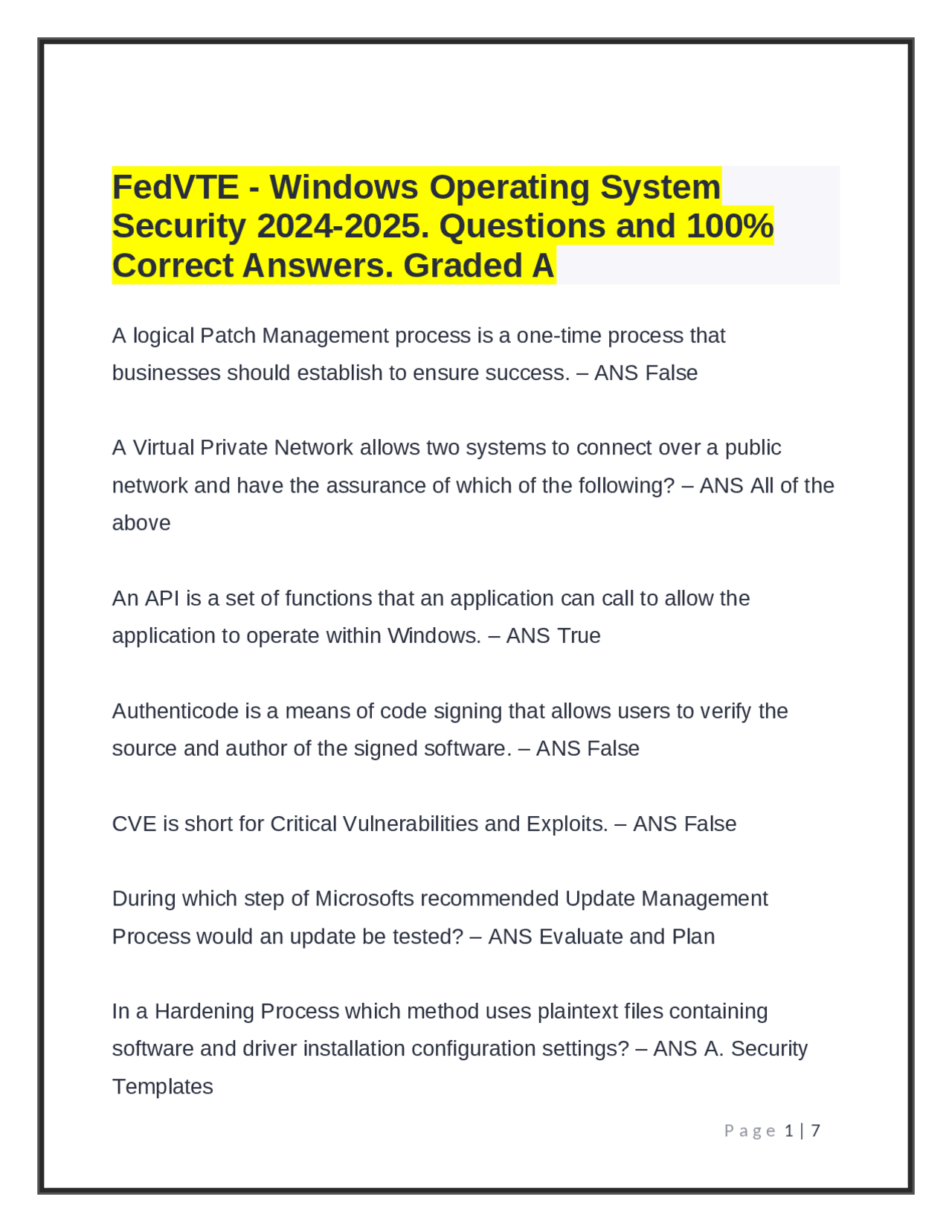 FedVTE - Windows Operating System Security 2024-2025. Questions and 100% Correct Answers ...
