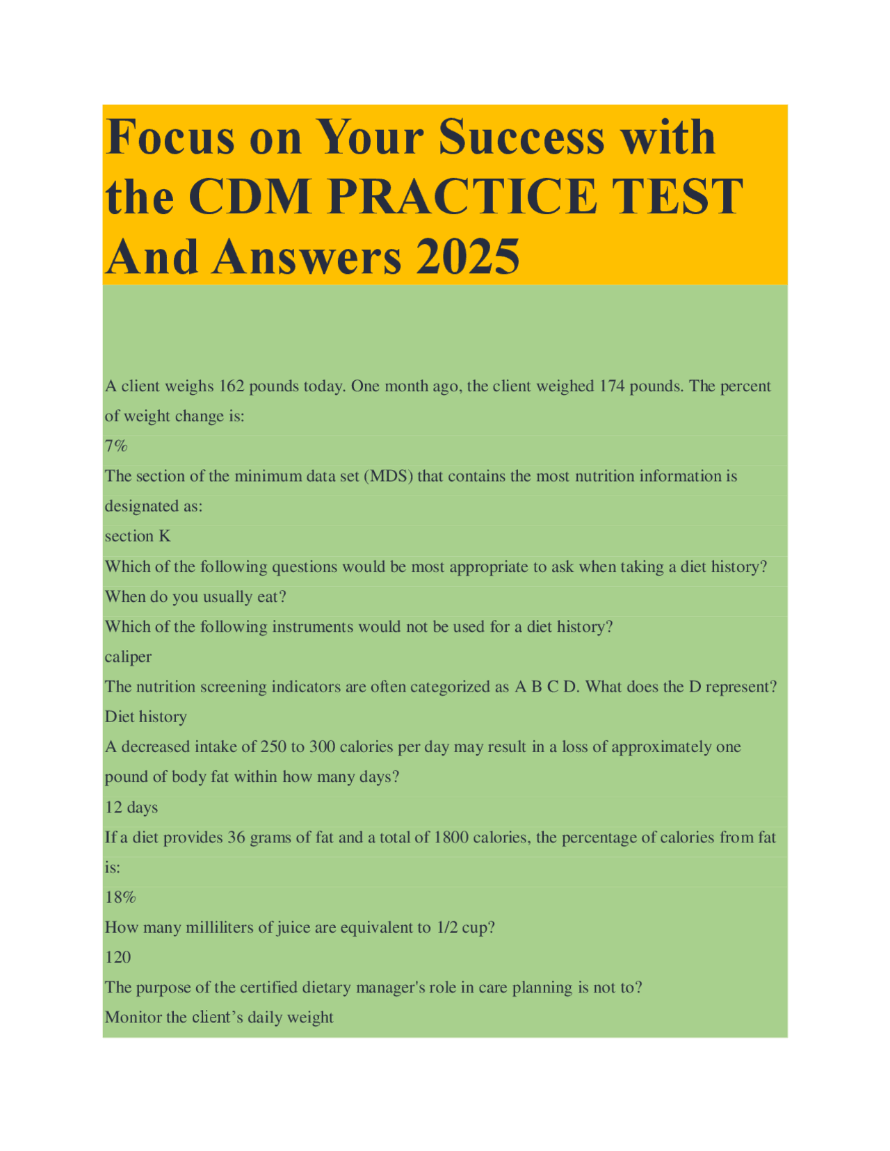 CDM Practice Test and Answers 2025: A Comprehensive Guide for Nutrition ...