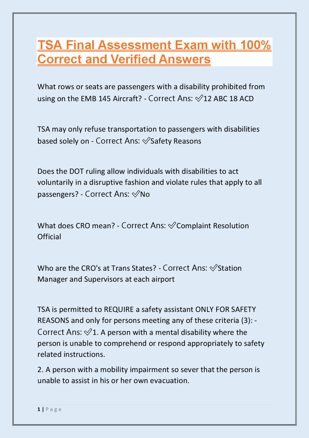 TSA Final Assessment Exam with Answers: Embarking on a Safe and ...