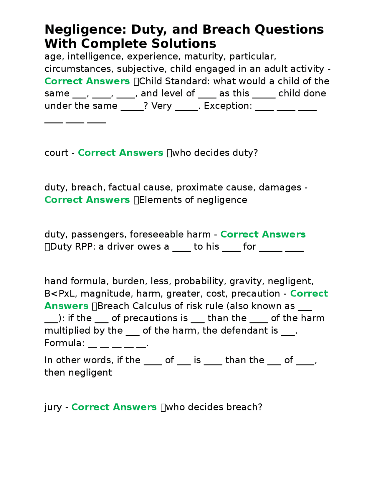 Negligence: Duty and Breach Questions with Complete Solutions | Exams ...