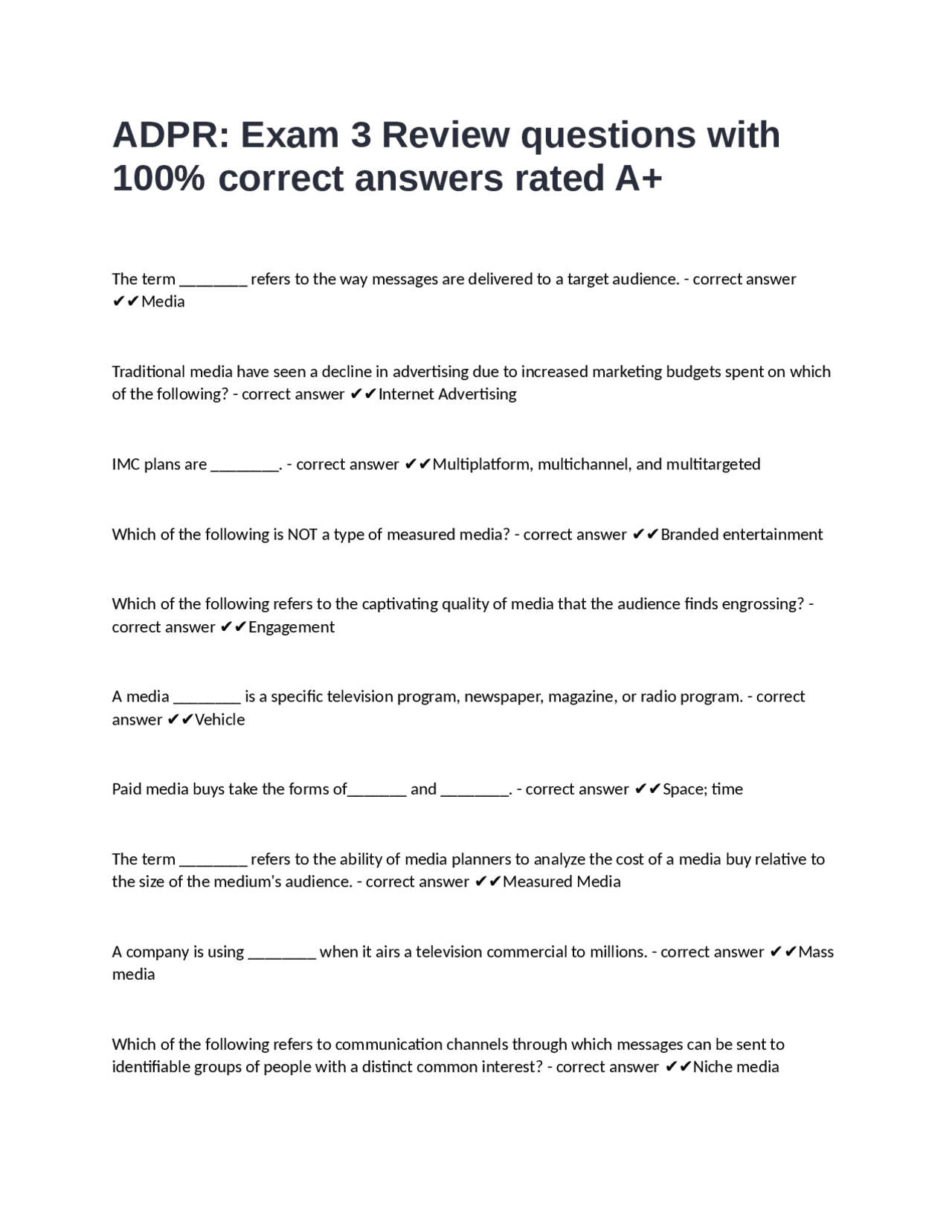 Advertising and Media Planning: Exam 3 Review Questions with Answers ...