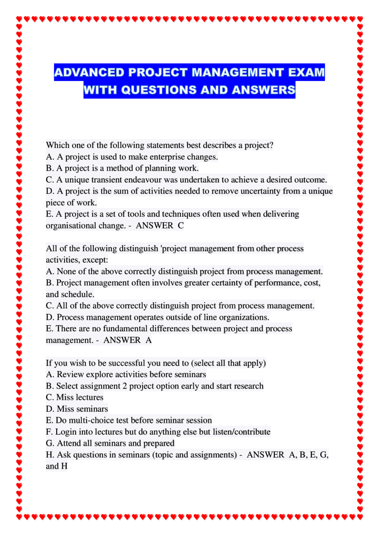 ADVANCED PROJECT MANAGEMENT EXAM WITH QUESTIONS AND ANSWERS | Exams Business Administration ...