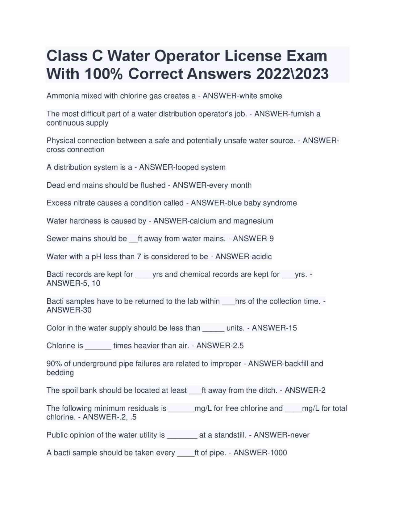 Class C Water Operator License Exam With 100% Correct Answers 2022\2023 ...