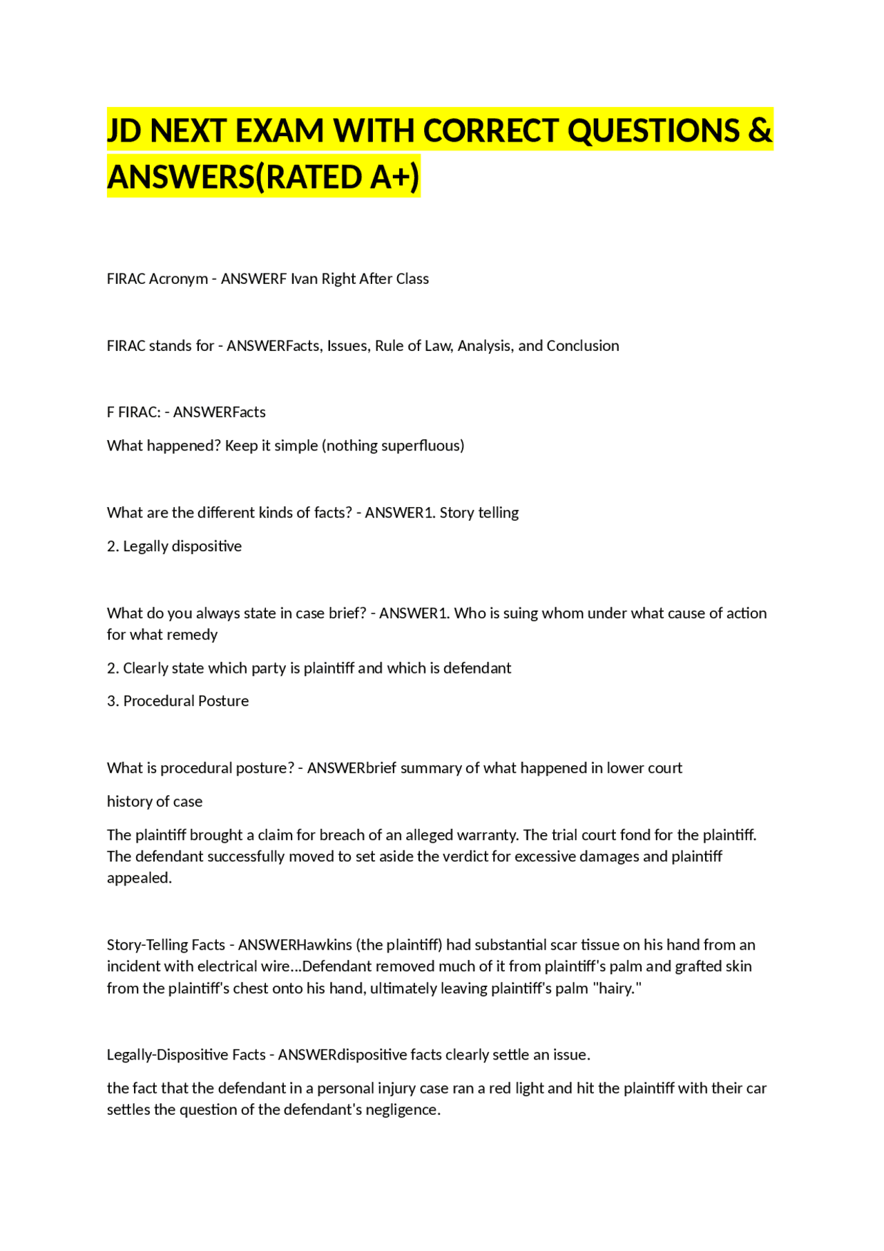 JD NEXT EXAM WITH CORRECT QUESTIONS & ANSWERS(RATED A+) | Exams Economics | Docsity