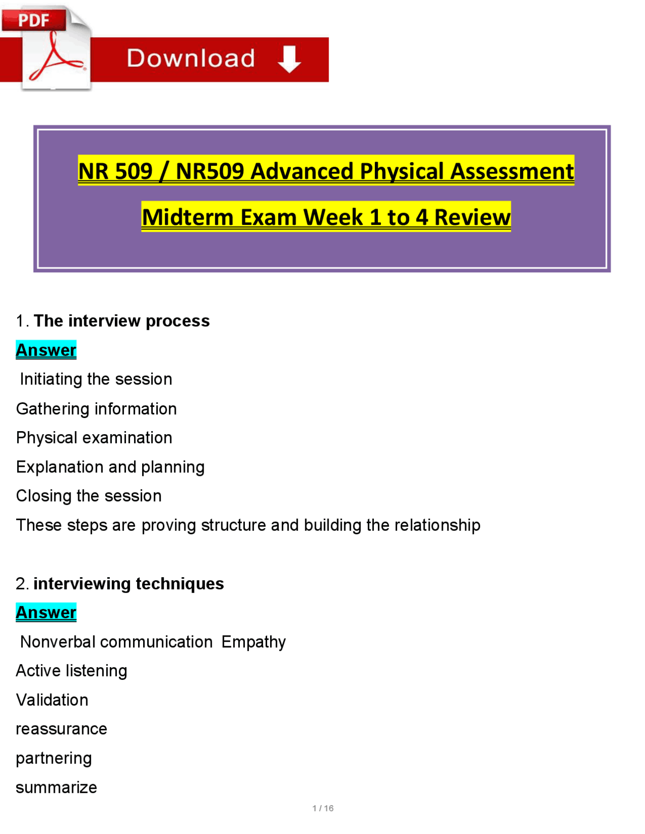 NR 509 Advanced Physical Assessment Midterm Exam Review: Weeks 1-4 | Exams Nursing | Docsity