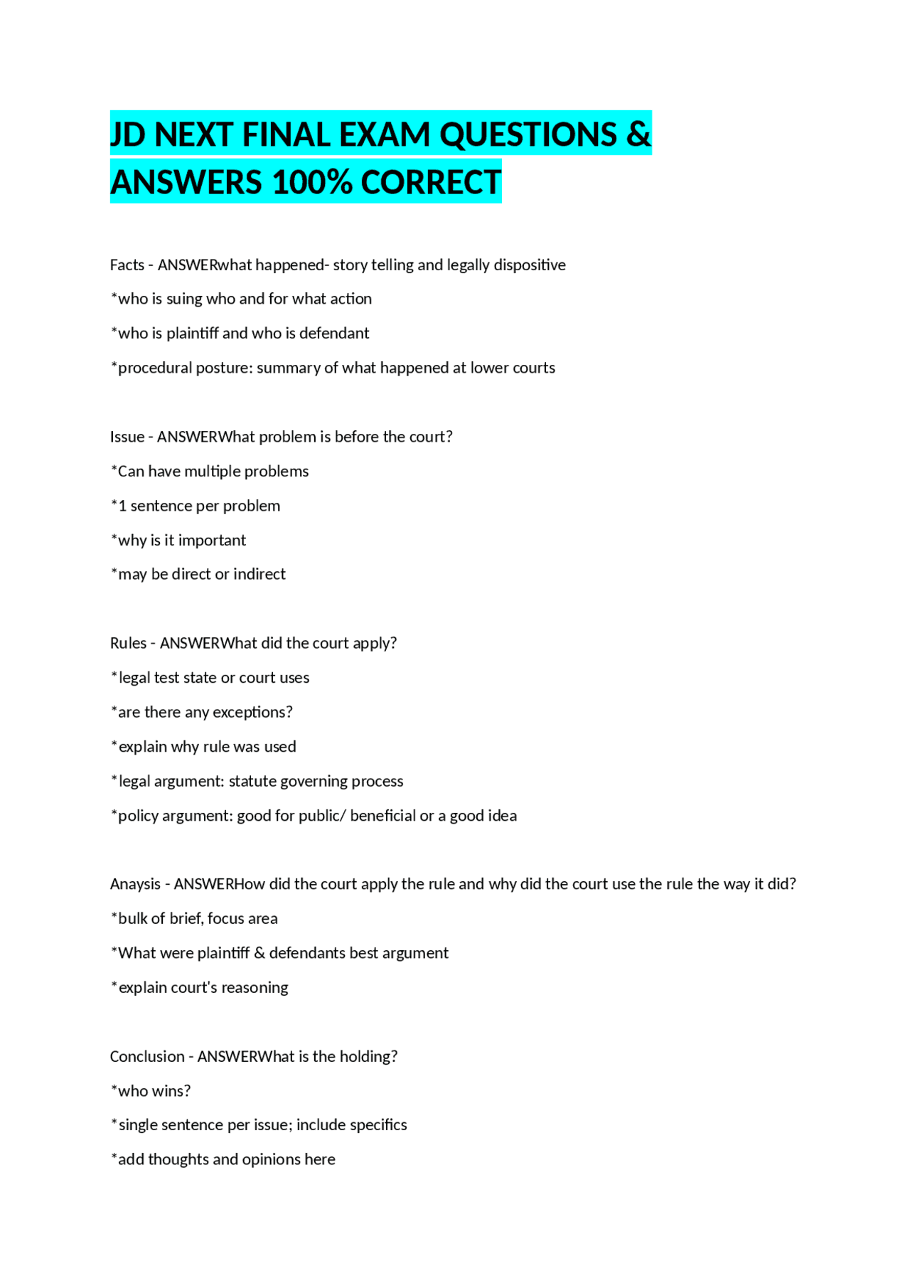 JD Next Final Exam Questions & Answers: Contract Law | Exams Economics | Docsity