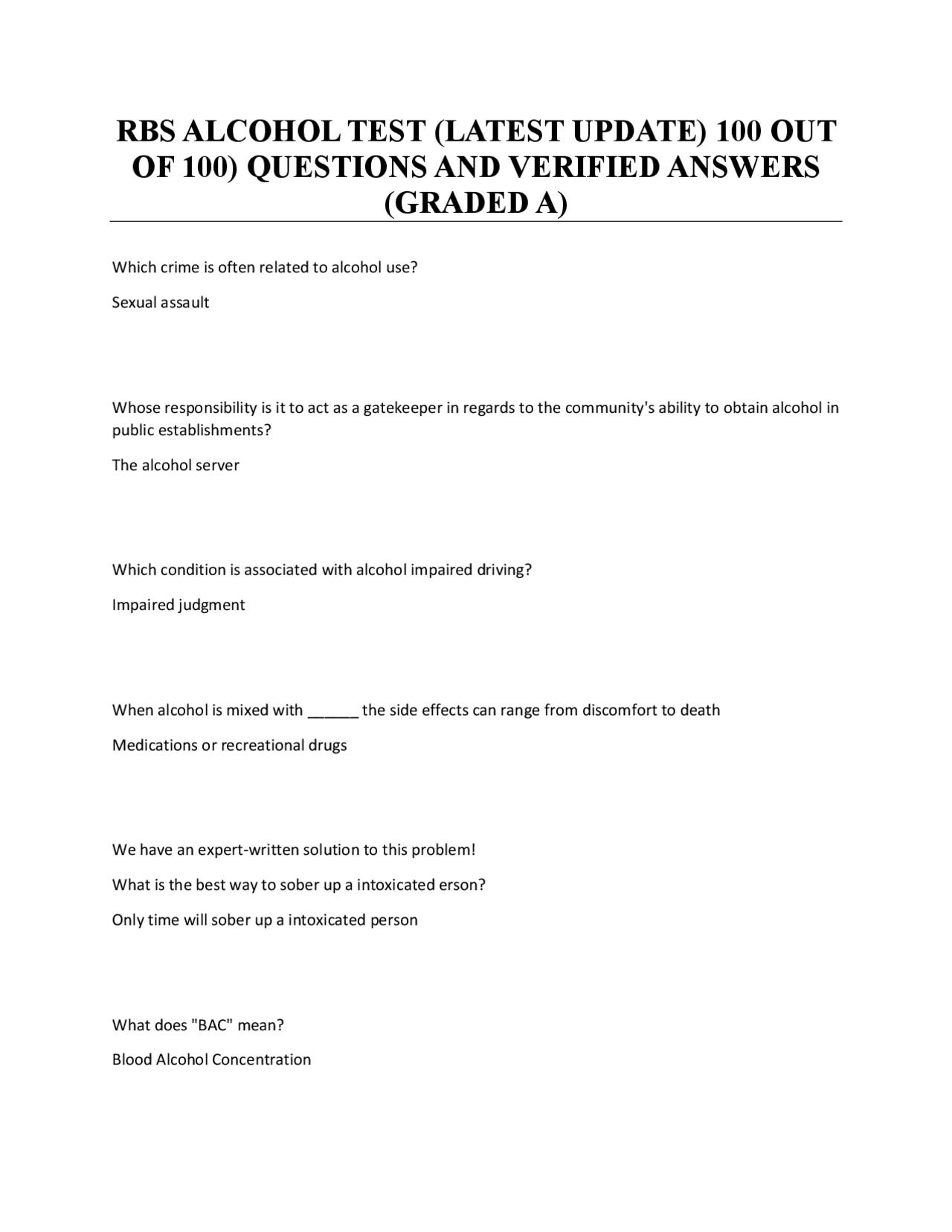 RBS Alcohol Test: 100 Questions and Answers for Alcohol Service ...