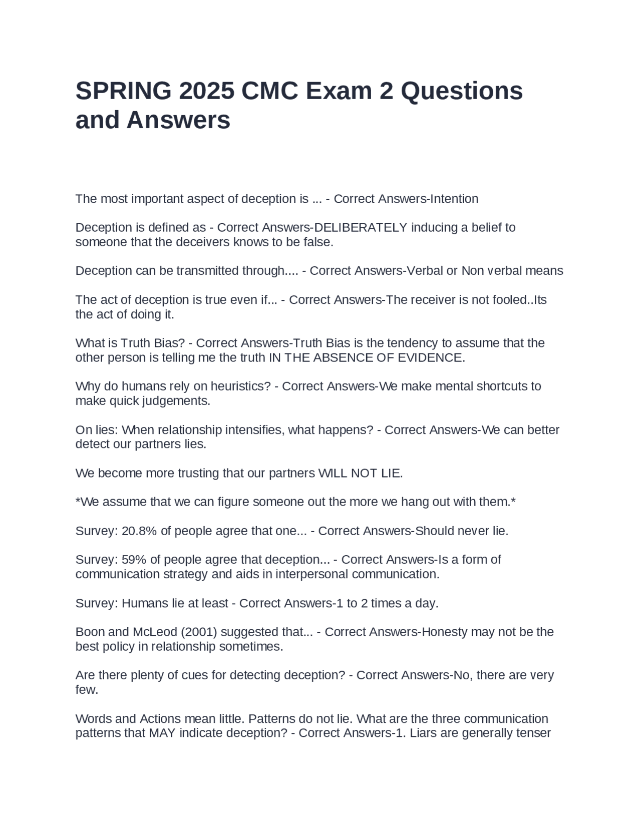 Deception in Communication: Exam 2 Questions and Answers | Exams ...