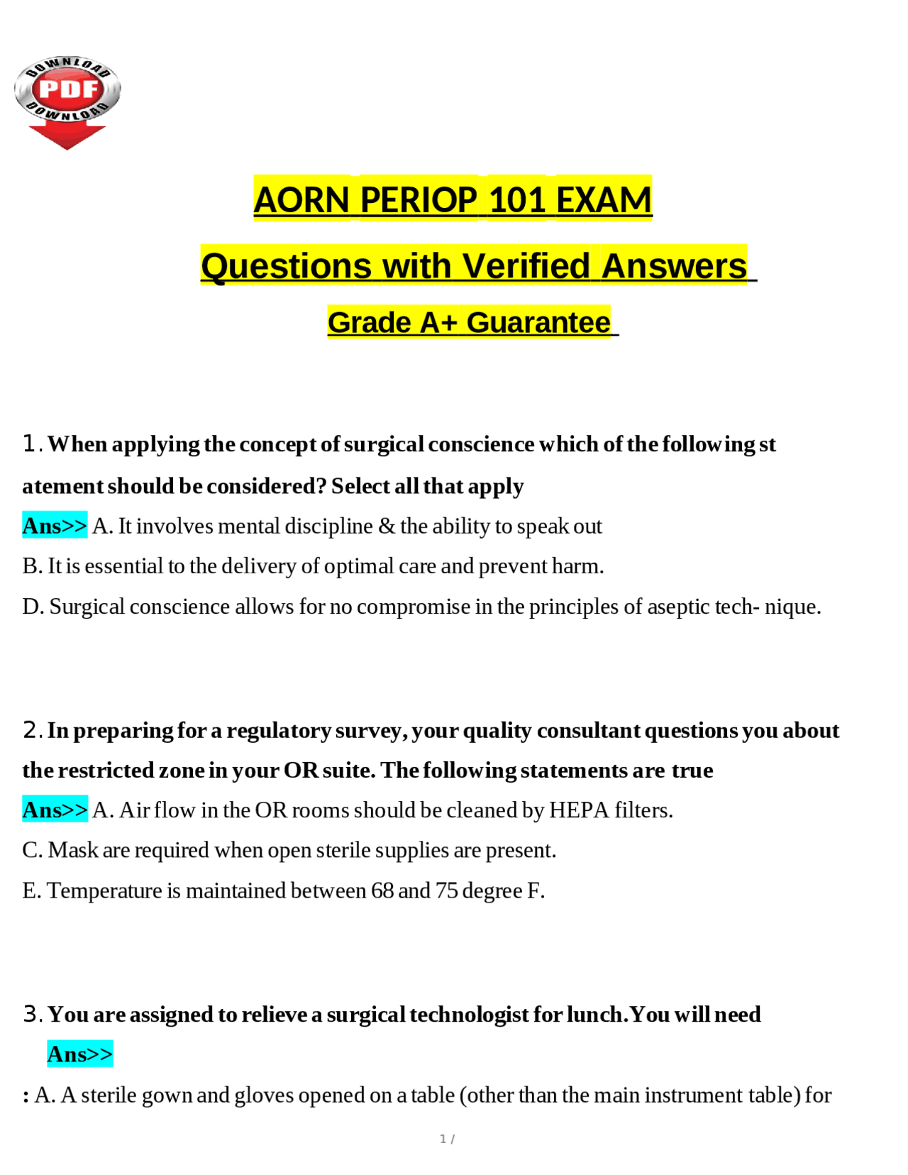 AORN PERIOP 101 EXAM Questions with Verified Answers Grade A+ Guarantee ...