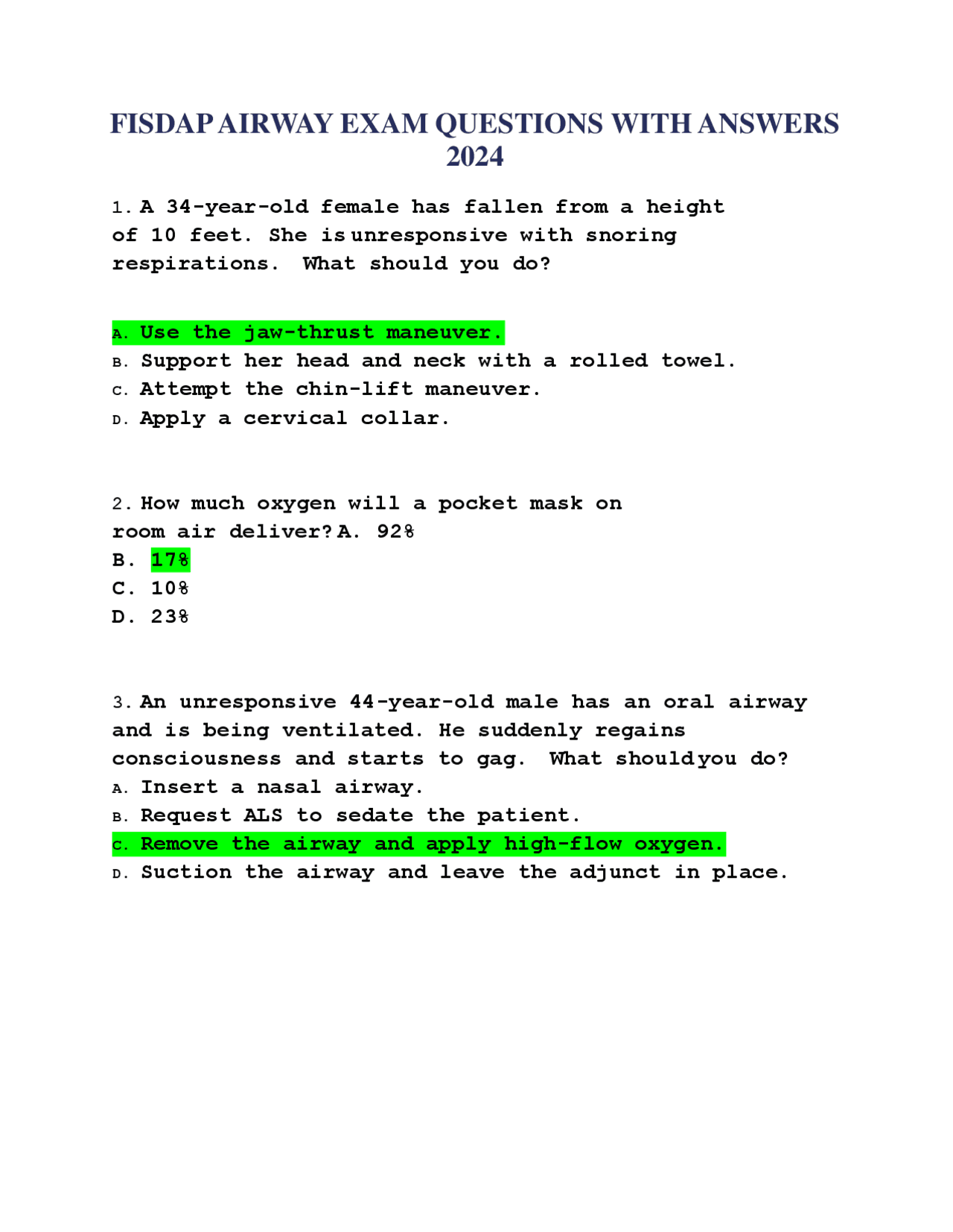 FISDAP Airway Exam Questions and Answers 2024 | Exams Nursing | Docsity