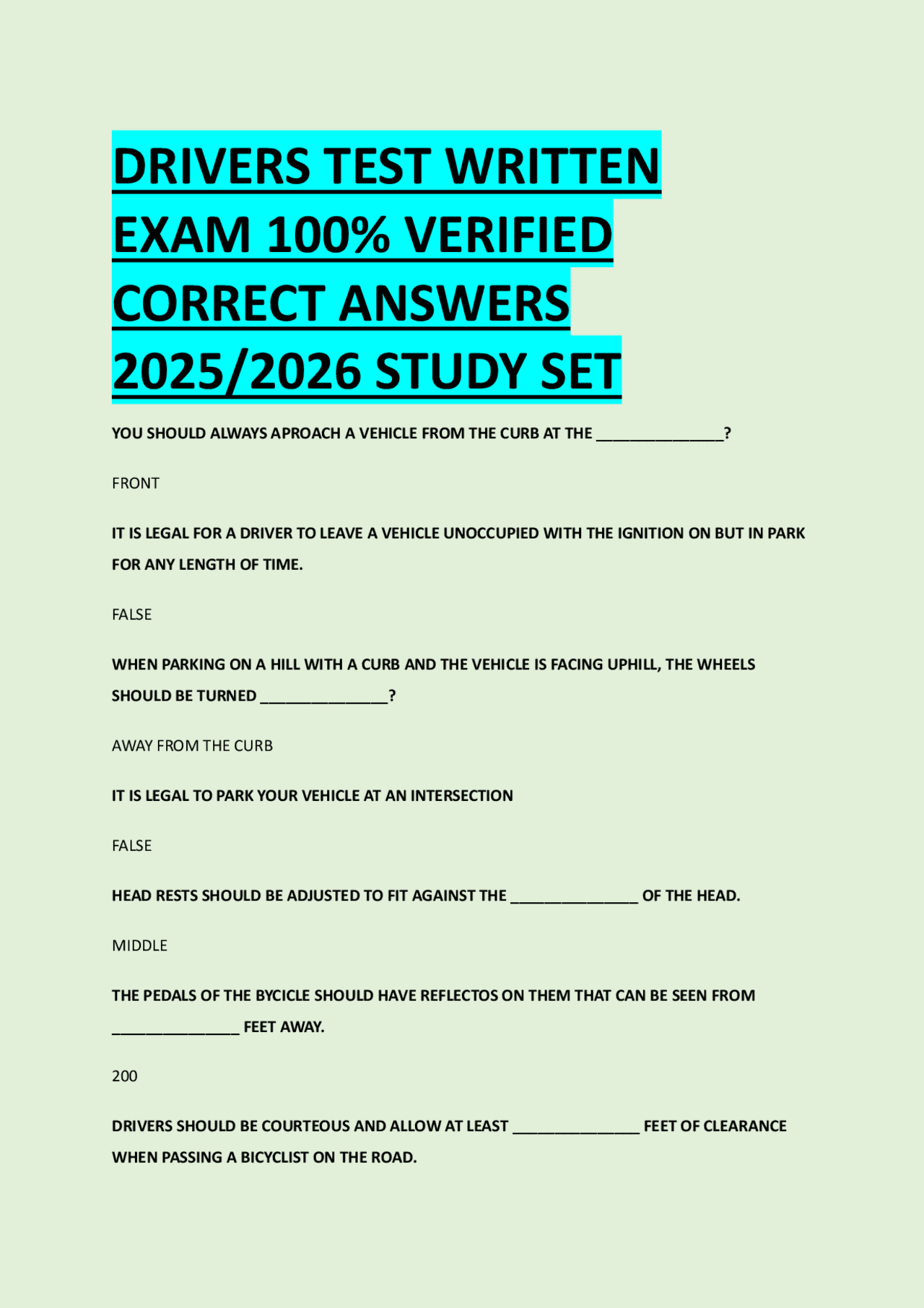DRIVERS TEST WRITTEN EXAM 100% VERIFIED CORRECT ANSWERS 2025/2026 STUDY ...