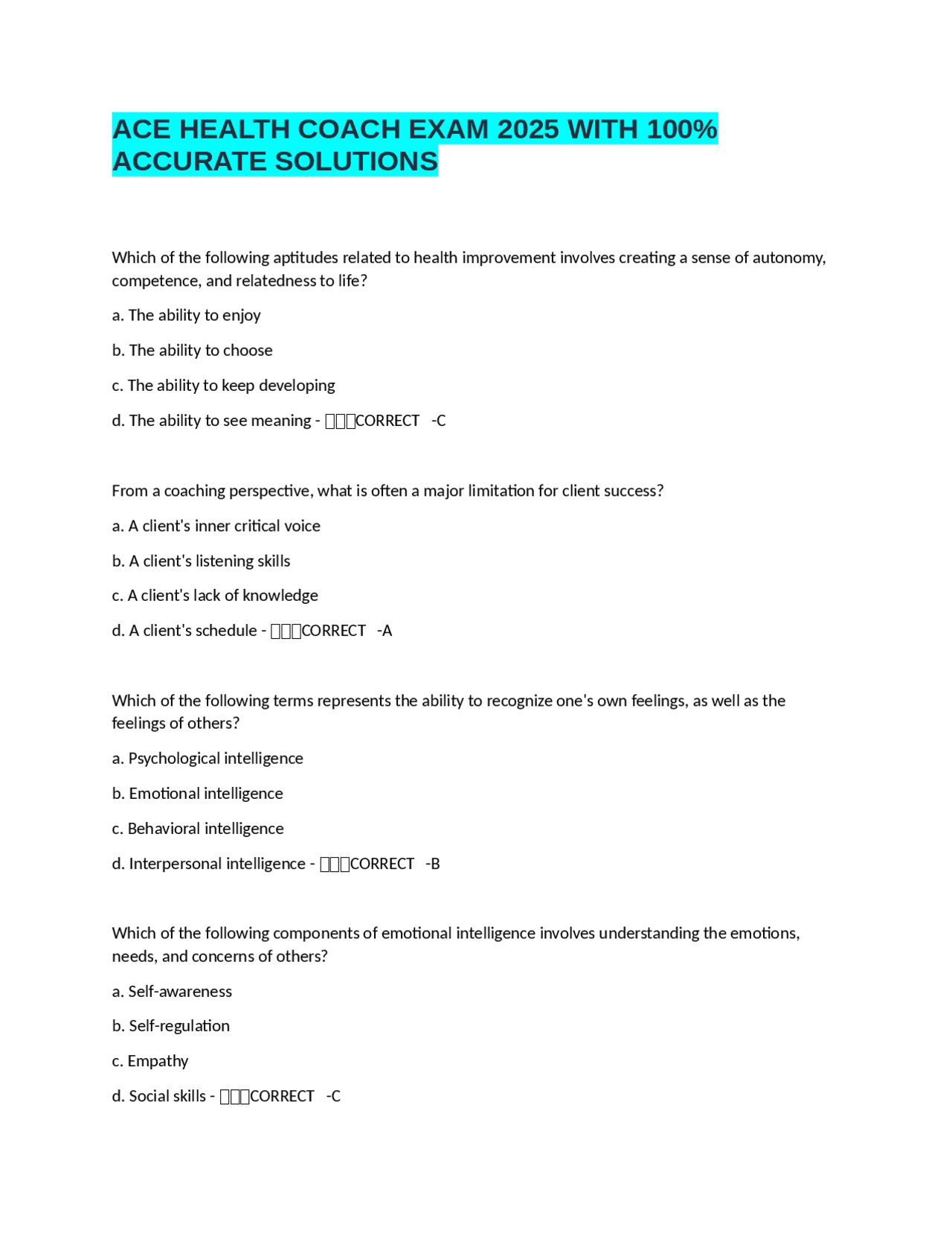 ACE Health Coach Exam 2025: Multiple Choice Questions and Answers ...