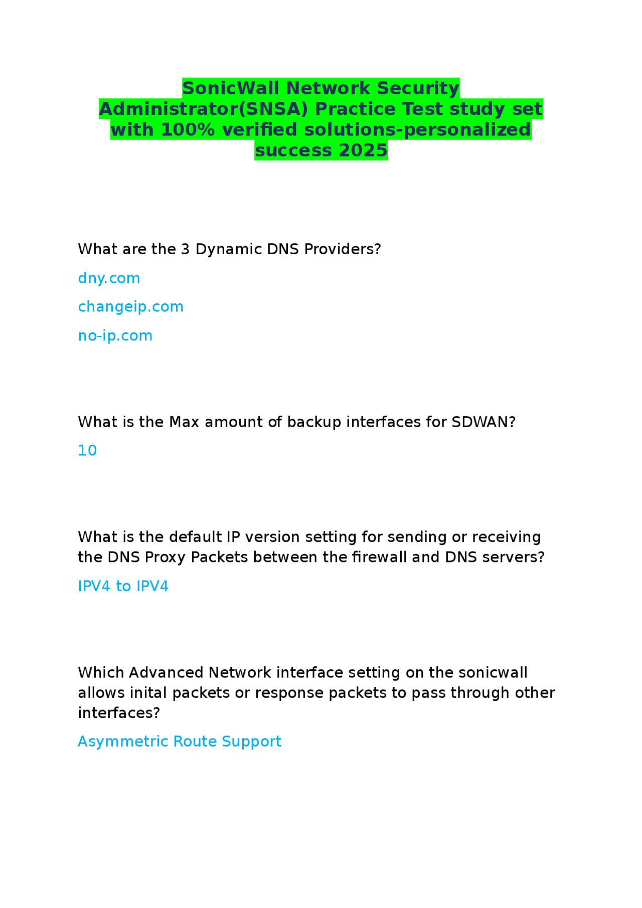 SonicWall Network Security Administrator(SNSA) Practice Test study set ...