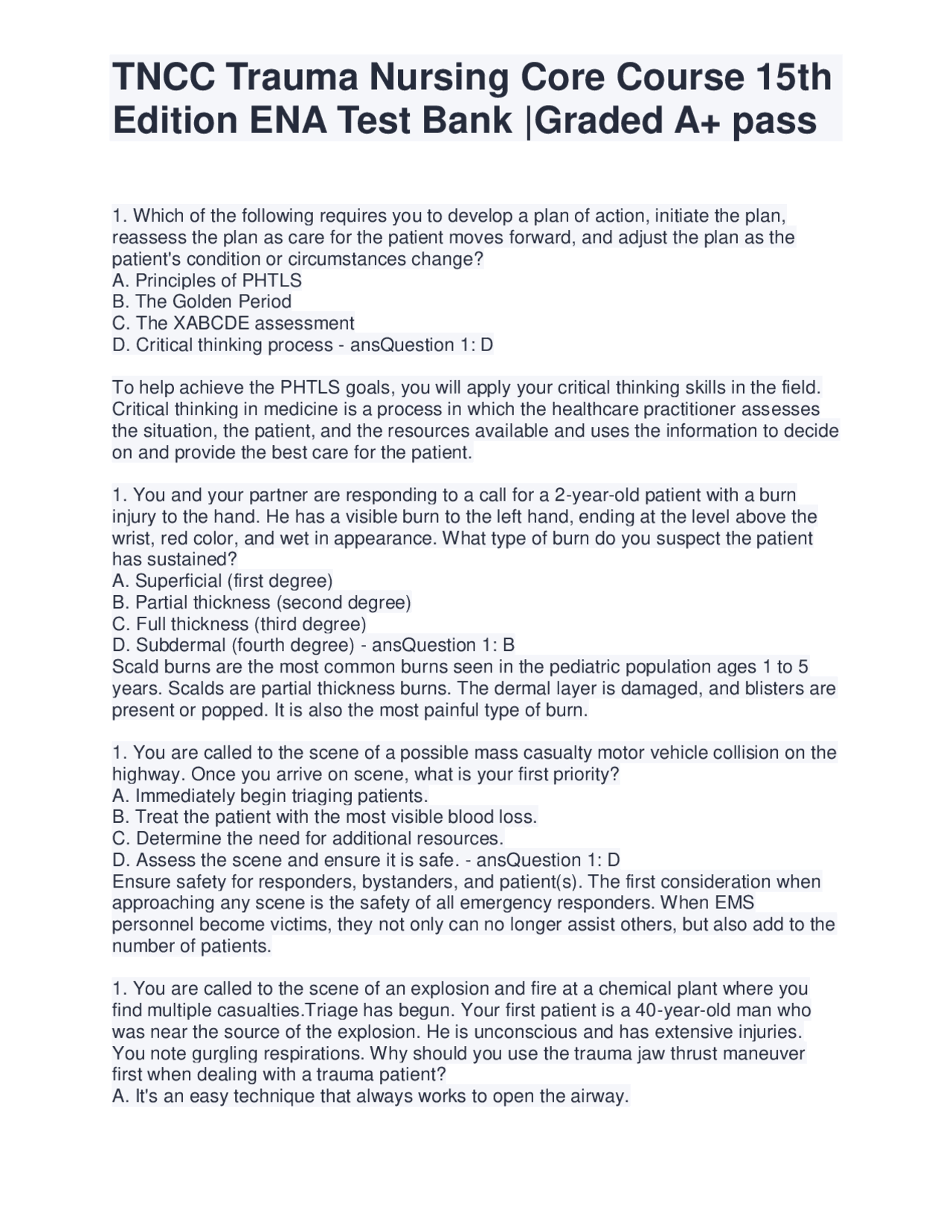 TNCC Trauma Nursing Core Course 15th Edition ENA Test Bank | Exams ...