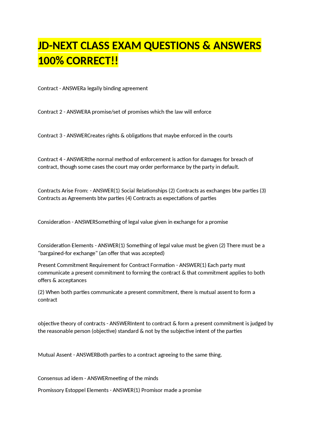 JD-NEXT CLASS EXAM QUESTIONS & ANSWERS 100% CORRECT!! | Exams Law | Docsity