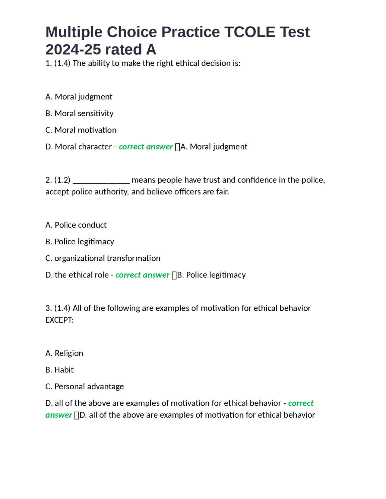 Multiple Choice Practice TCOLE Test 2024-25 | Exams Nursing | Docsity