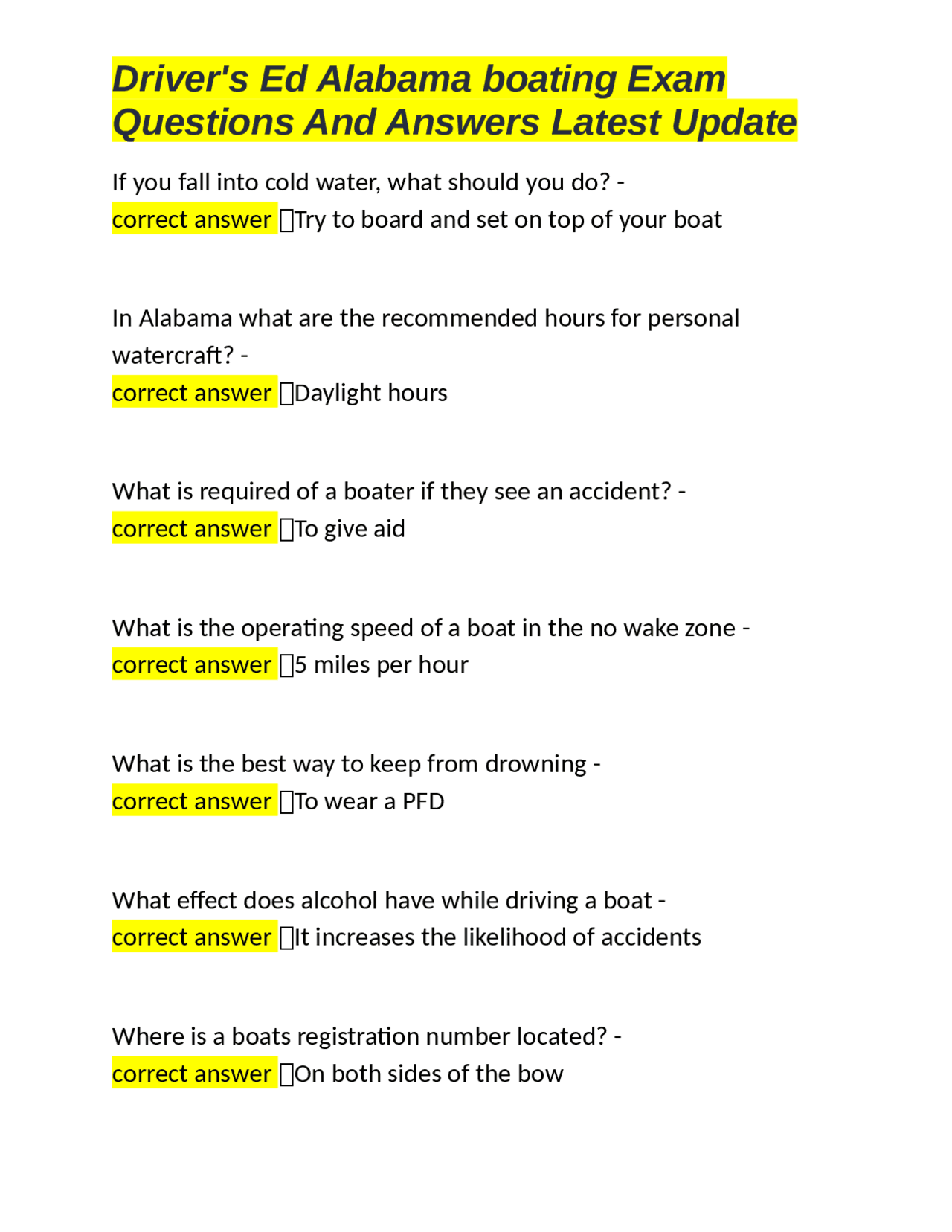 Driver's Ed Alabama boating Exam Questions And Answers Latest Update ...