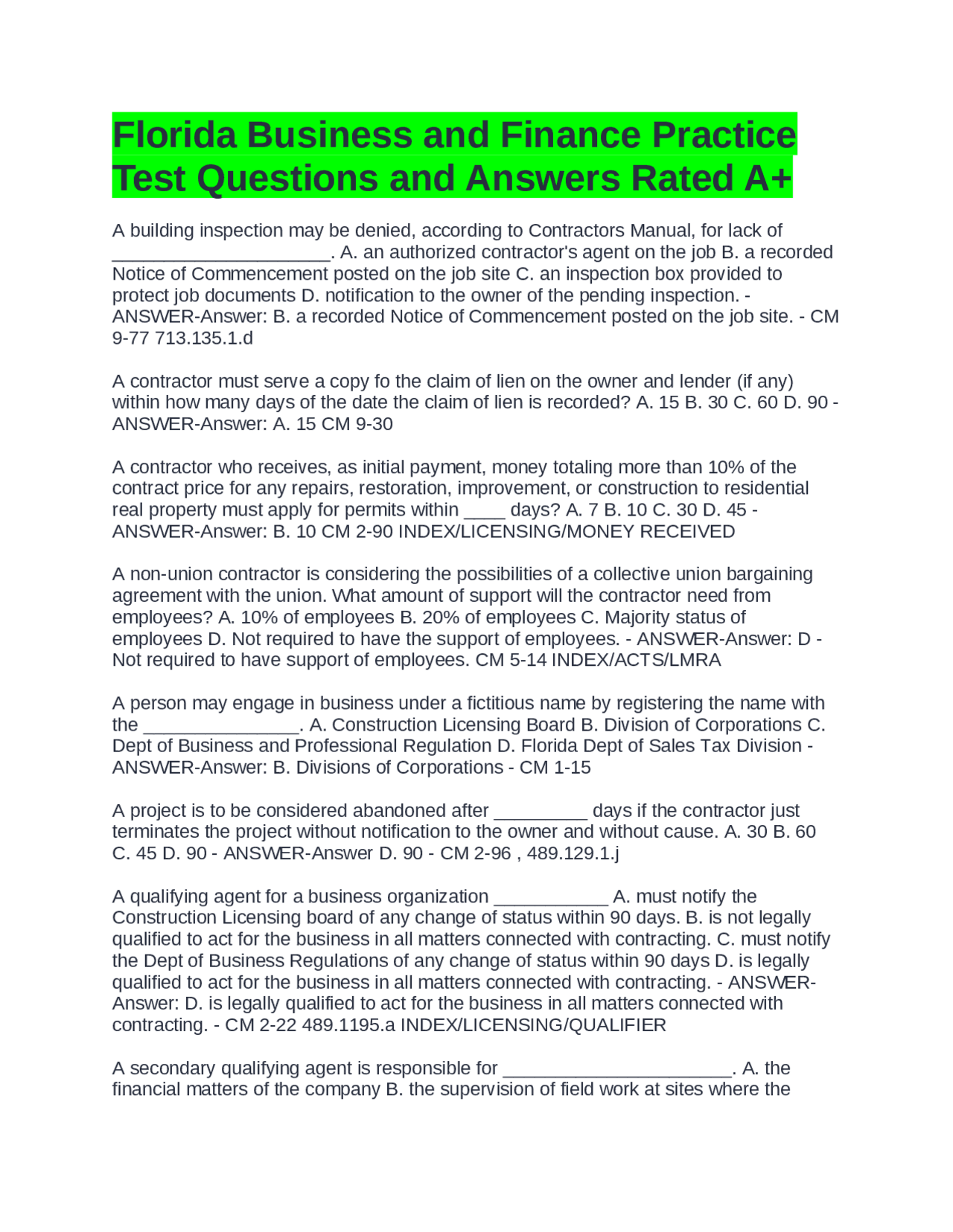 Florida Business and Finance Practice Test Questions and Answers ...