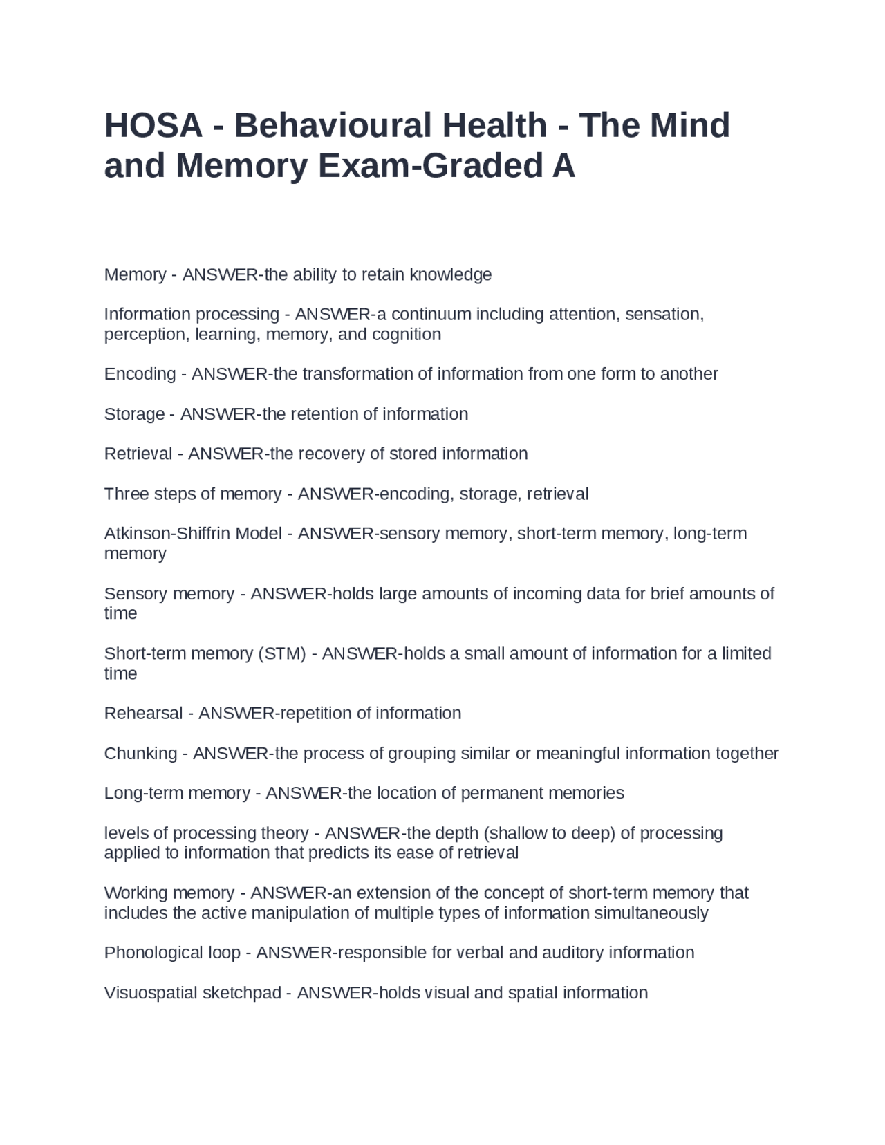 HOSA - Behavioral Health 2025 Exam with Complete Solutions | Exams Nursing | Docsity