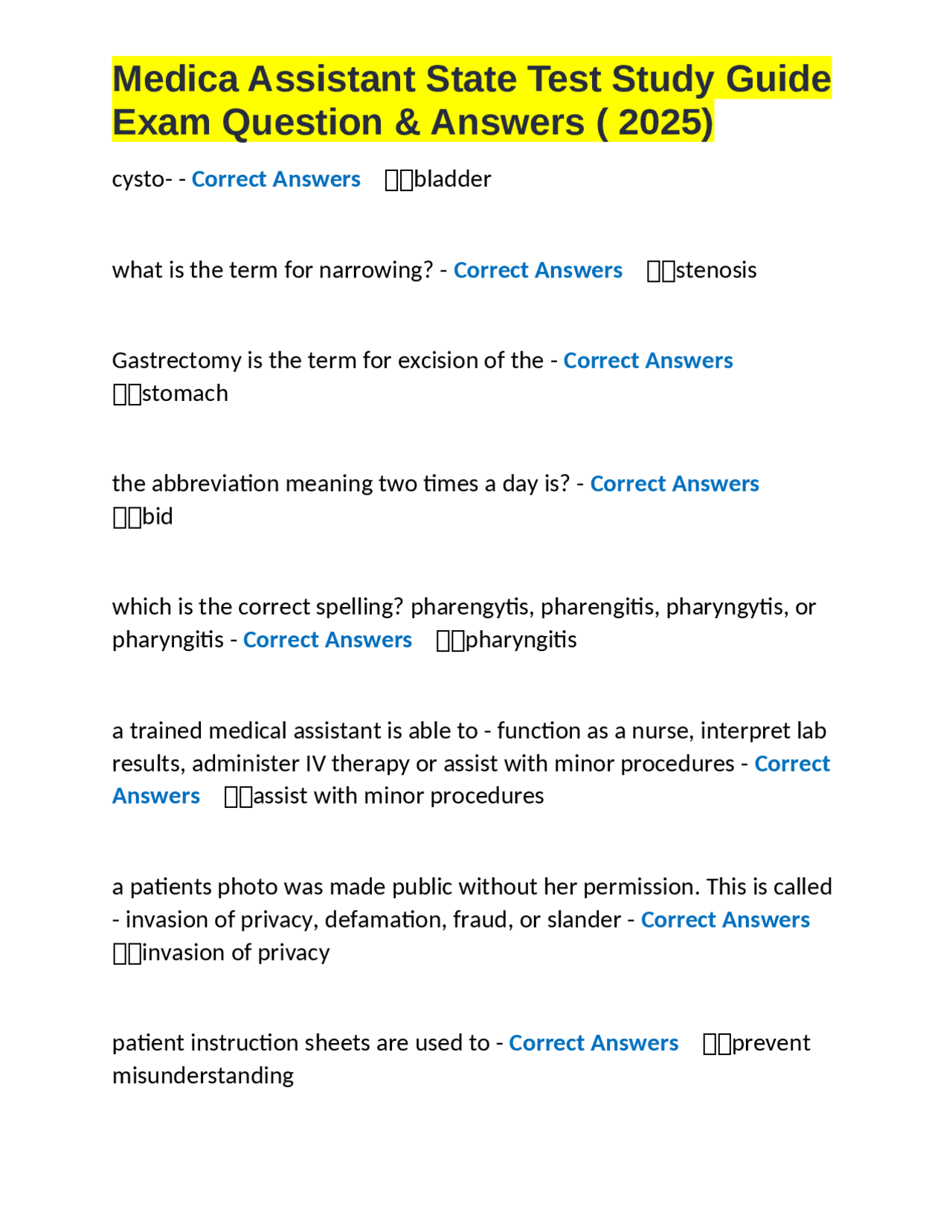 Medica Assistant State Test Study Guide: Exam Questions and Answers ...