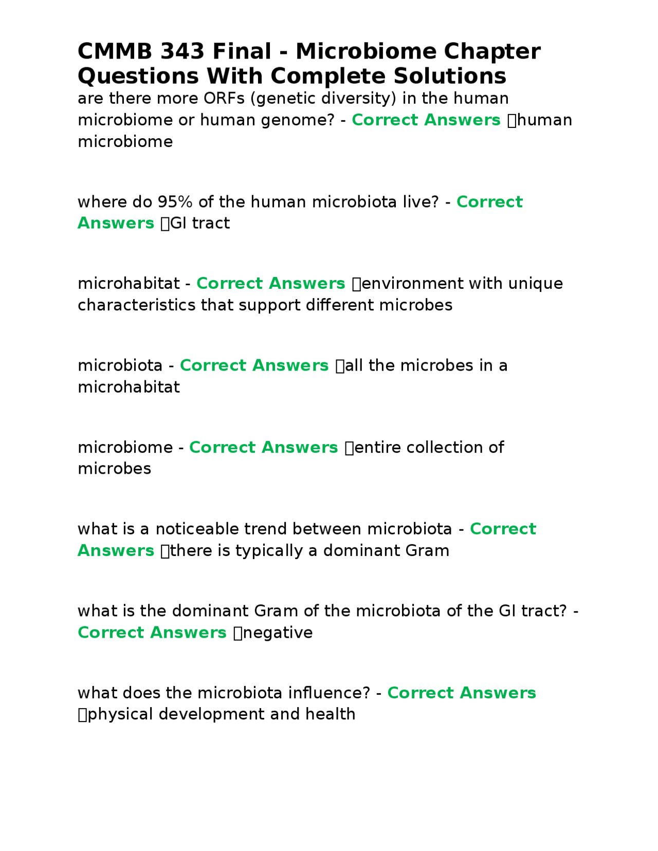 CMMB 343 Final - Microbiome Chapter Questions With Complete Solutions | Exams Nursing | Docsity