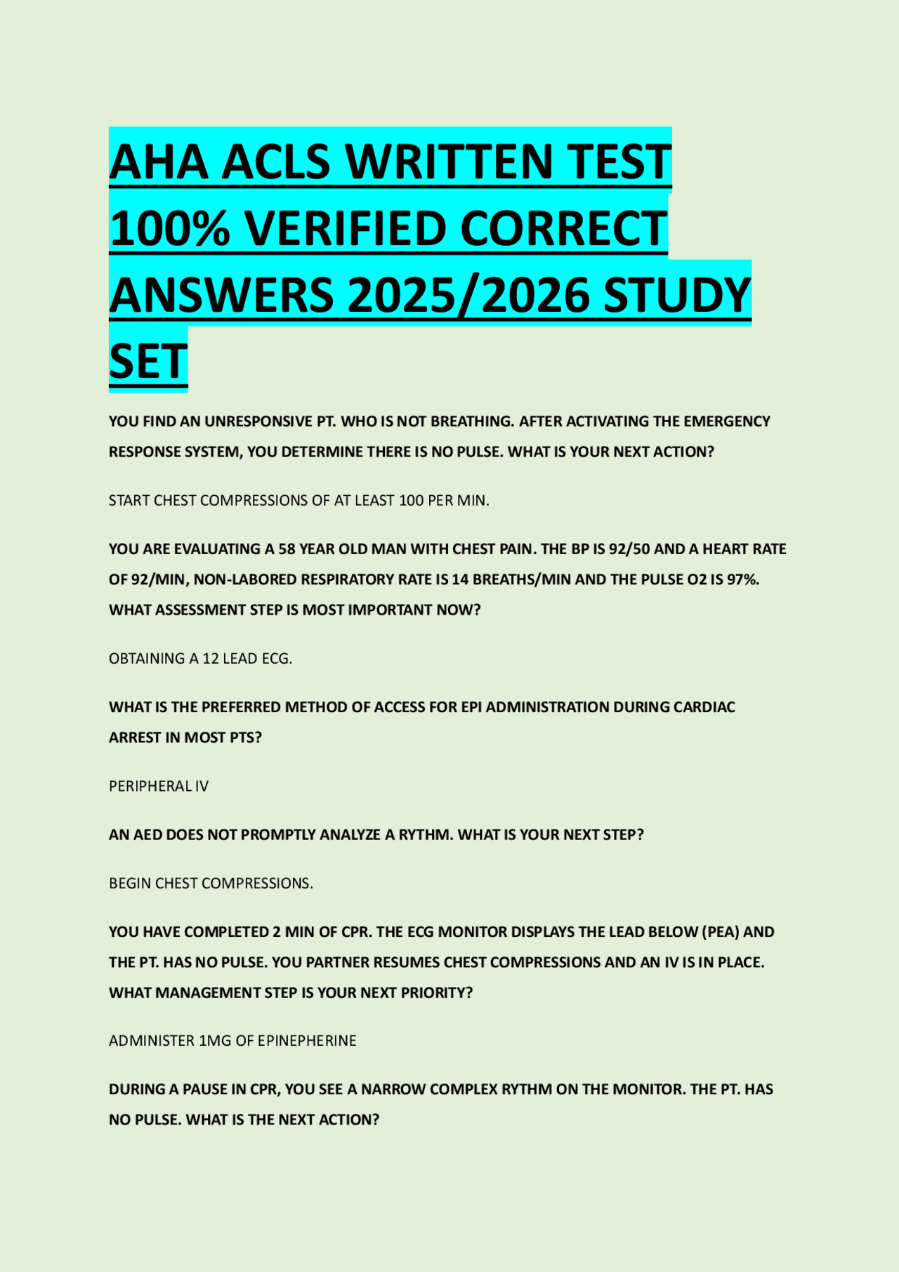AHA ACLS WRITTEN TEST 100% VERIFIED CORRECT ANSWERS 2025/2026 STUDY SET ...