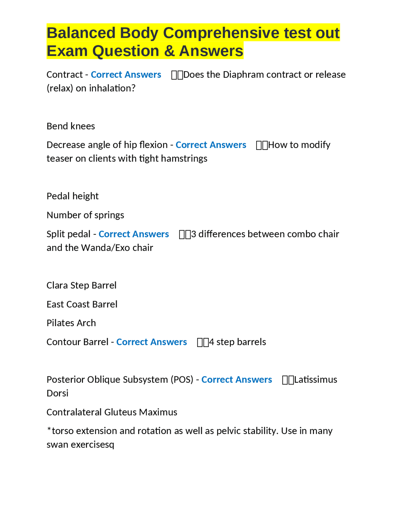 Balanced Body Comprehensive Test Out: Pilates Exam Questions and ...