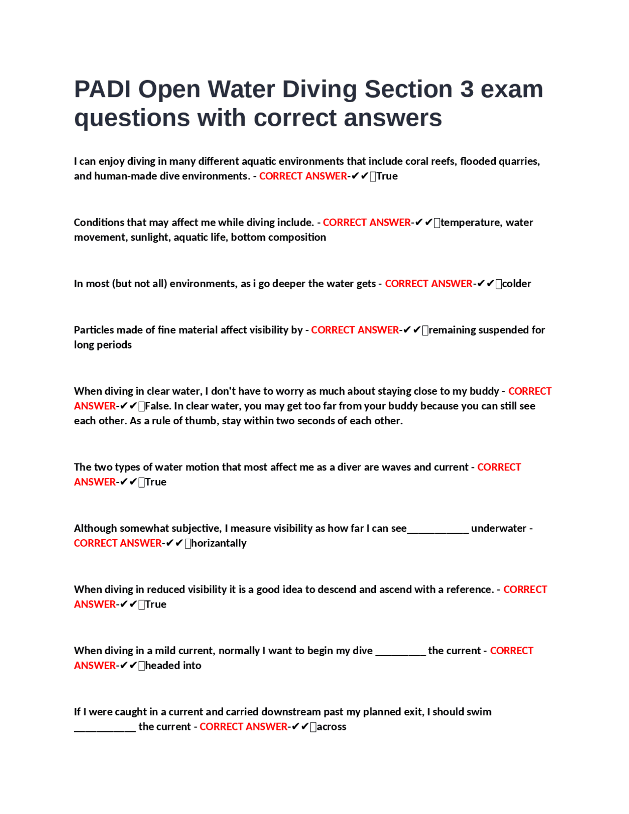 PADI Open Water Diving Section 3 exam questions with correct answers ...