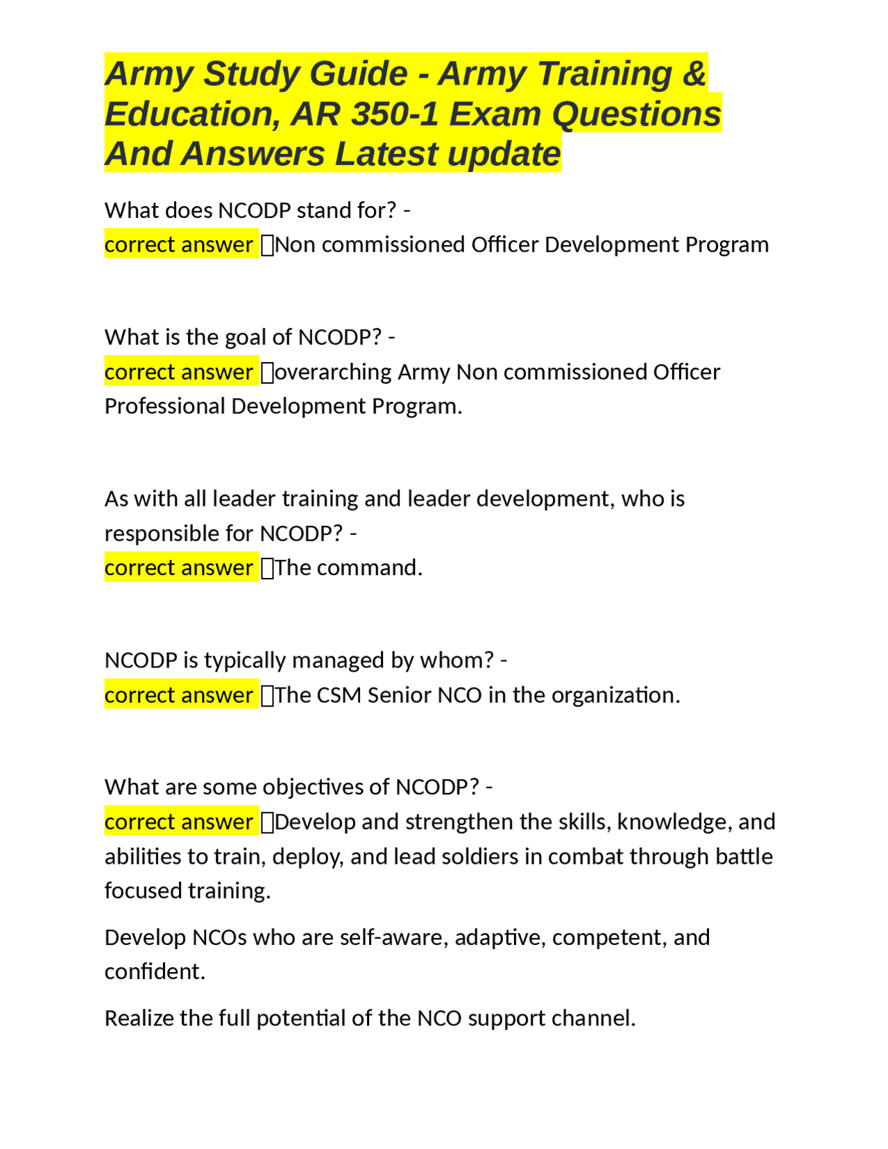 Army Training and Education: AR 350-1 Exam Questions and Answers ...