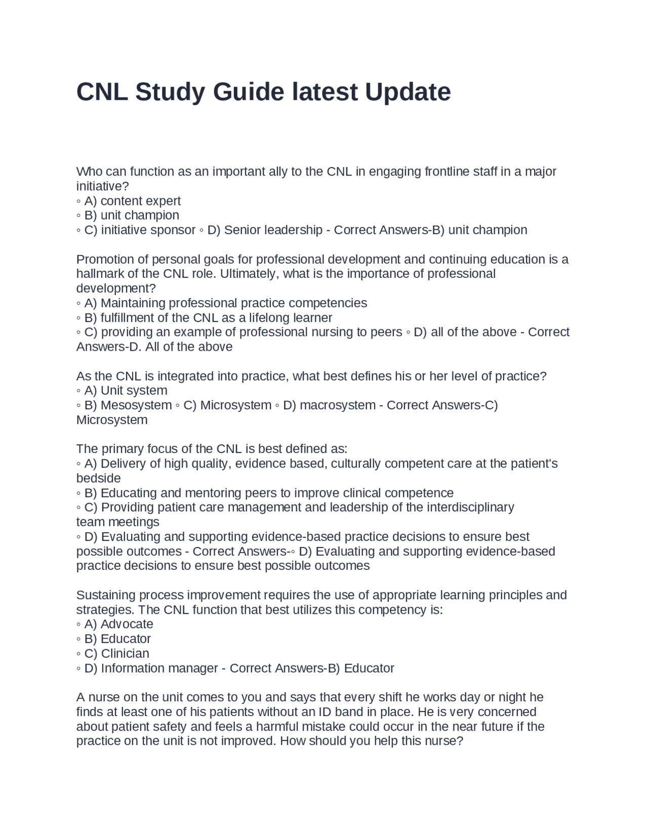 CNL Study Guide: Multiple Choice Questions and Answers | Exams Nursing ...
