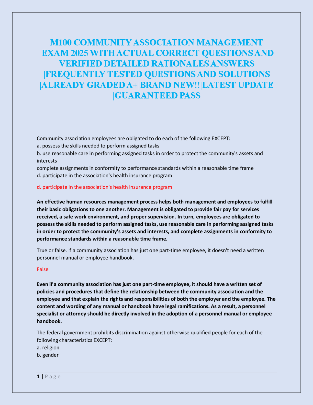 Community Association Management Exam: M100 Exam 2025 with Verified ...
