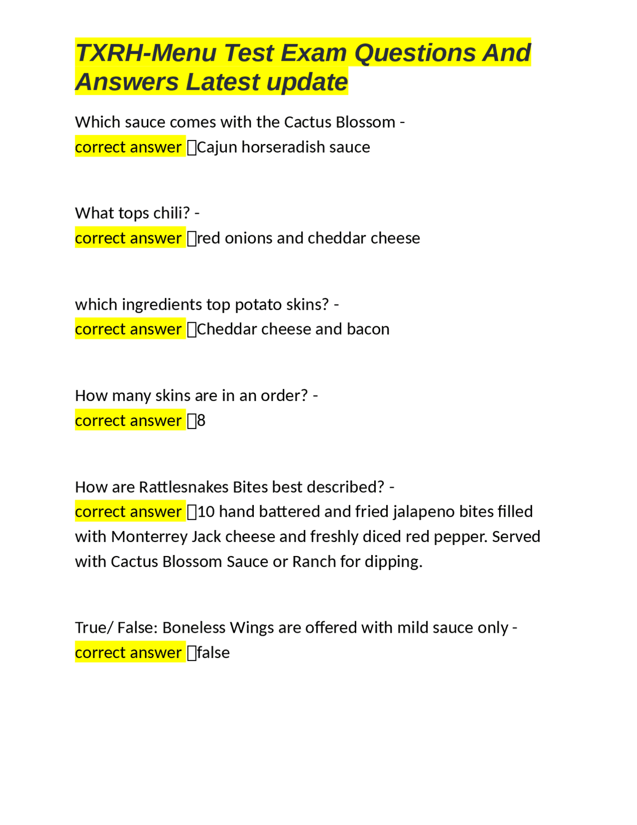 TXRH-Menu Test Exam Questions And Answers | Exams Food science | Docsity