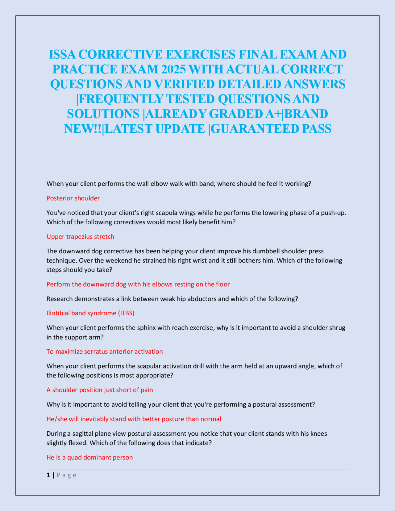 ISSA CORRECTIVE EXERCISES FINAL EXAM AND PRACTICE EXAM 2025 | Exams ...