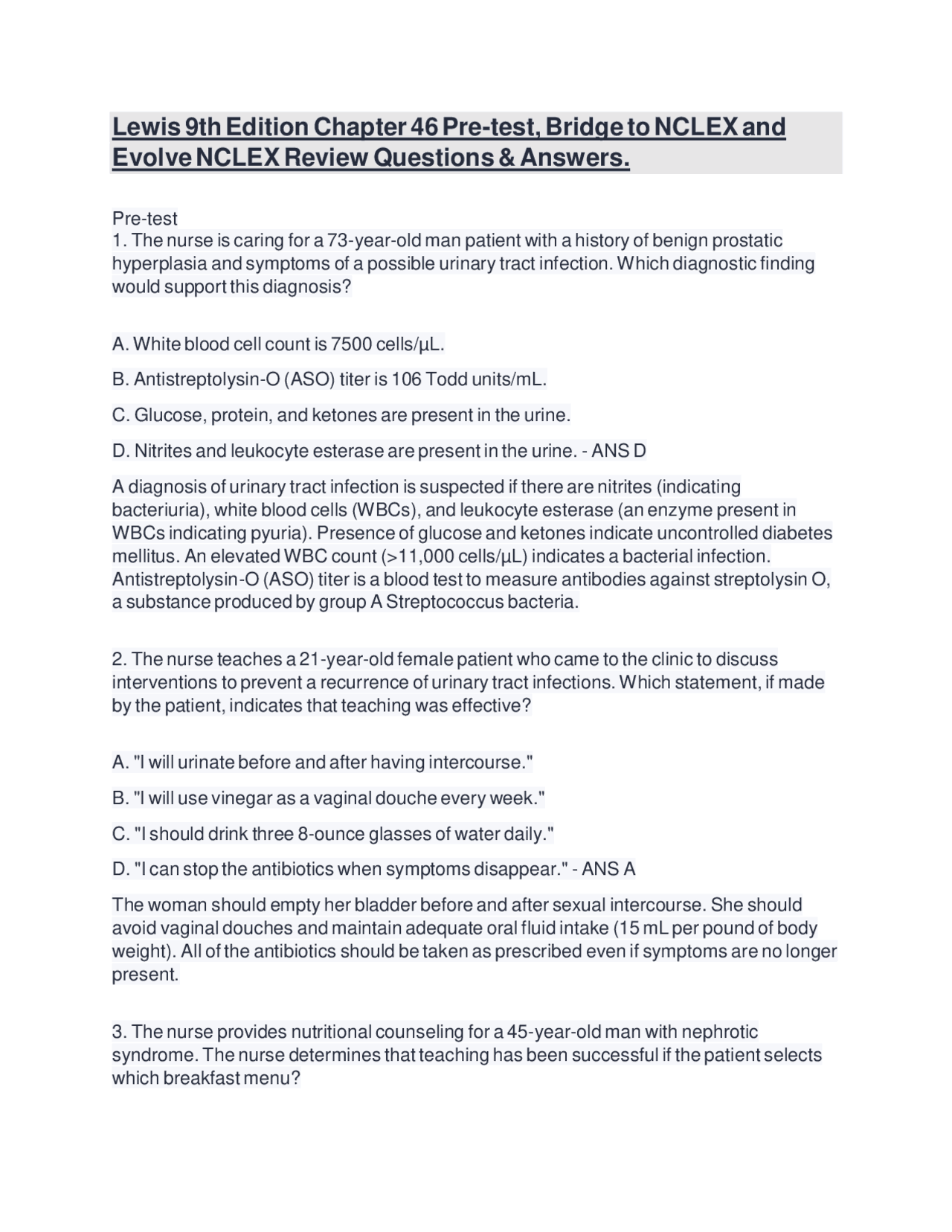 NCLEX Review Questions: Urinary Tract Infections | Exams Nursing | Docsity