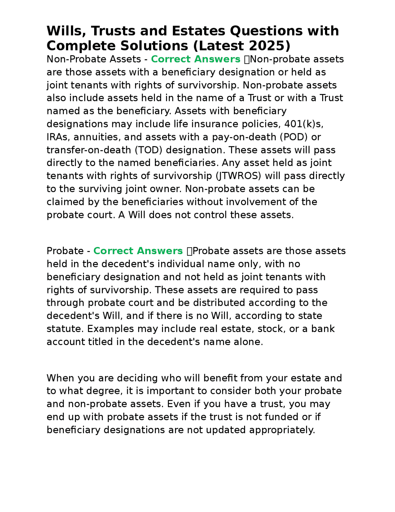 Wills, Trusts and Estates Questions with Complete Solutions (Latest ...