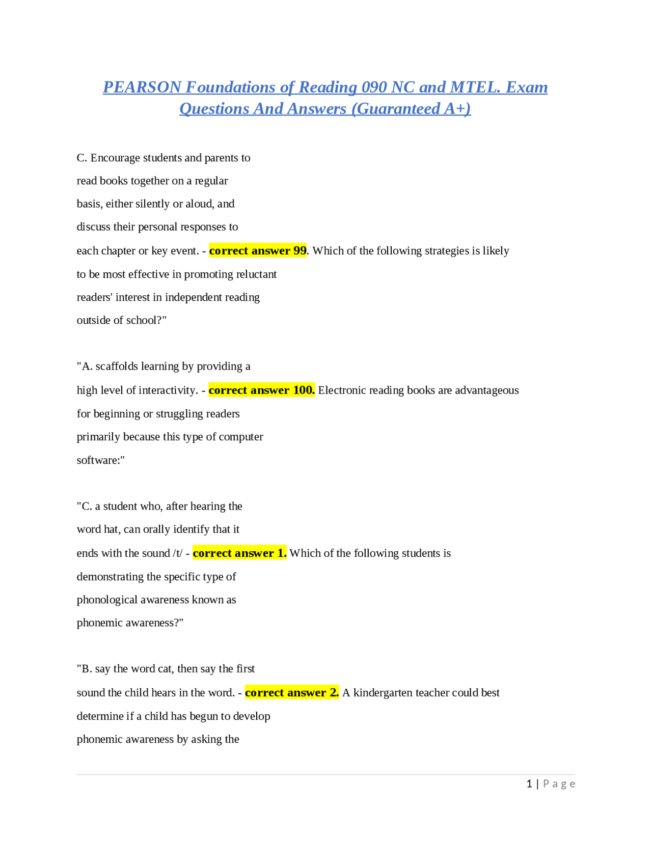 PEARSON Foundations of Reading 090 NC and MTEL Exam Questions and ...