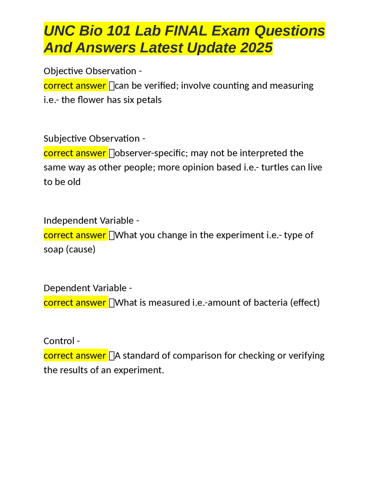 UNC Bio 101 Lab FINAL Exam Questions and Answers | Exams Biology | Docsity