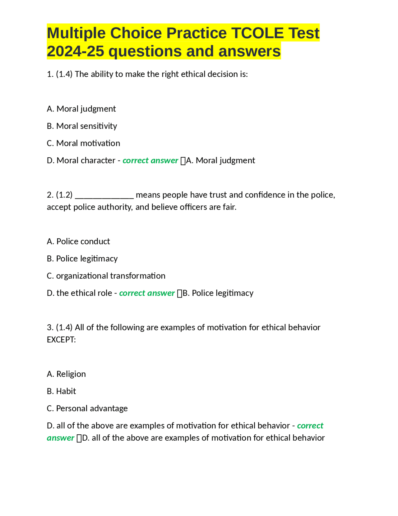 TCOLE Practice Test: Multiple Choice Questions and Answers | Exams ...