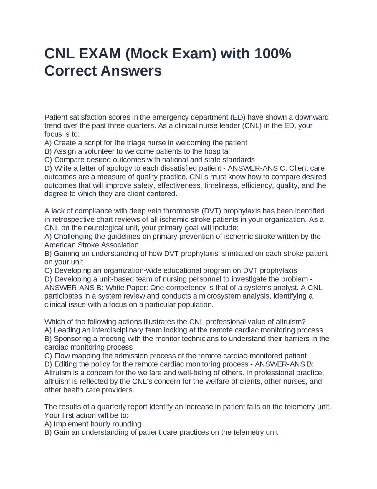 CNL Exam (Mock Exam) with 100% Correct Answers | Exams Nursing | Docsity