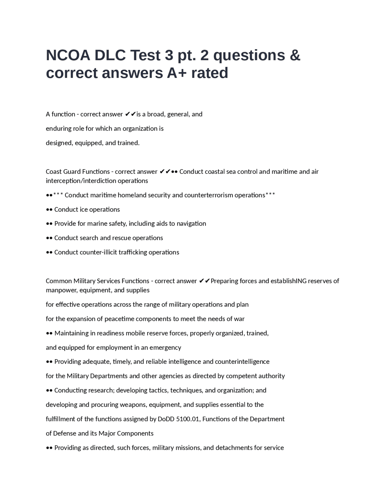 NCOA DLC Test 3 pt. 2: Questions and Answers on Military Functions ...