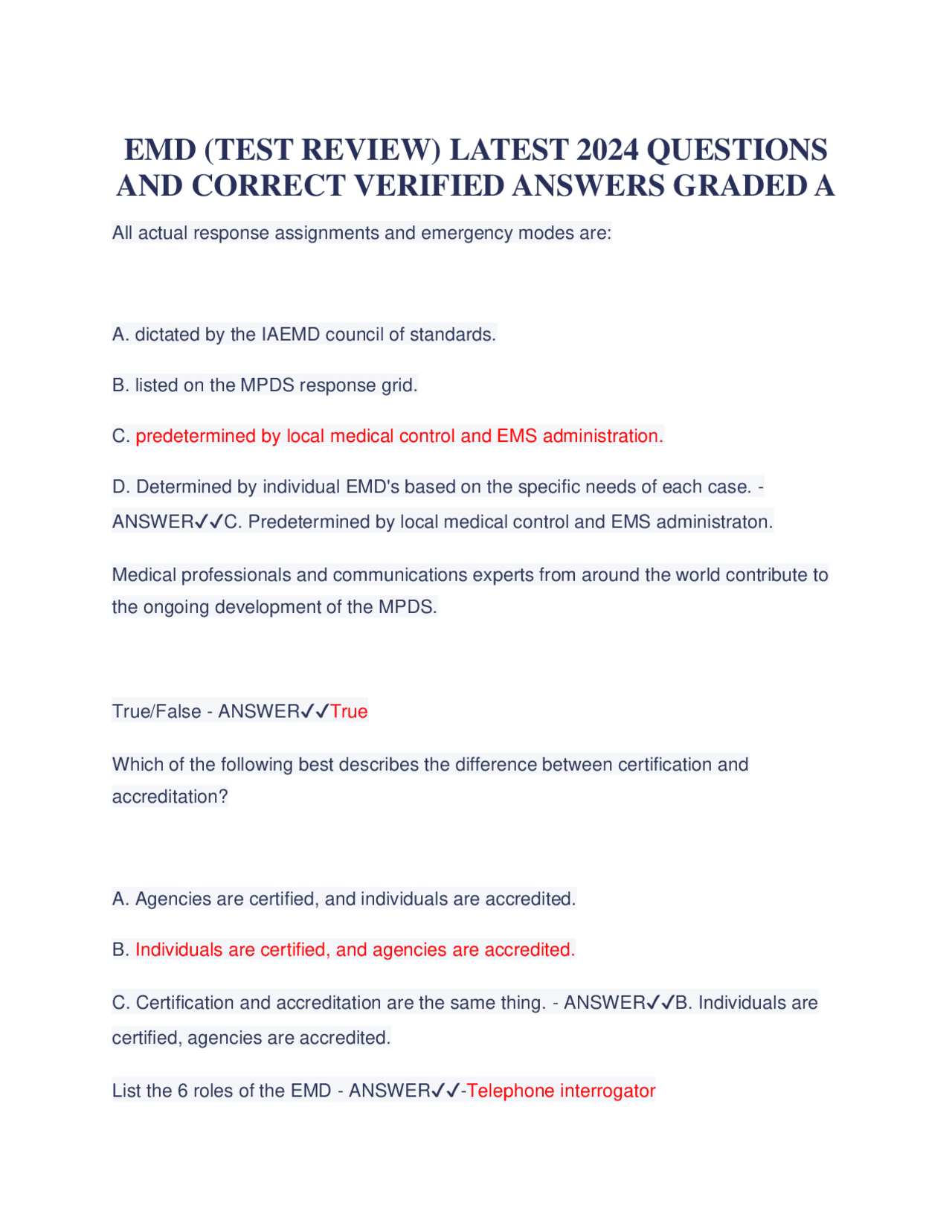 EMD (TEST REVIEW) LATEST 2024 QUESTIONS AND CORRECT VERIFIED ANSWERS ...