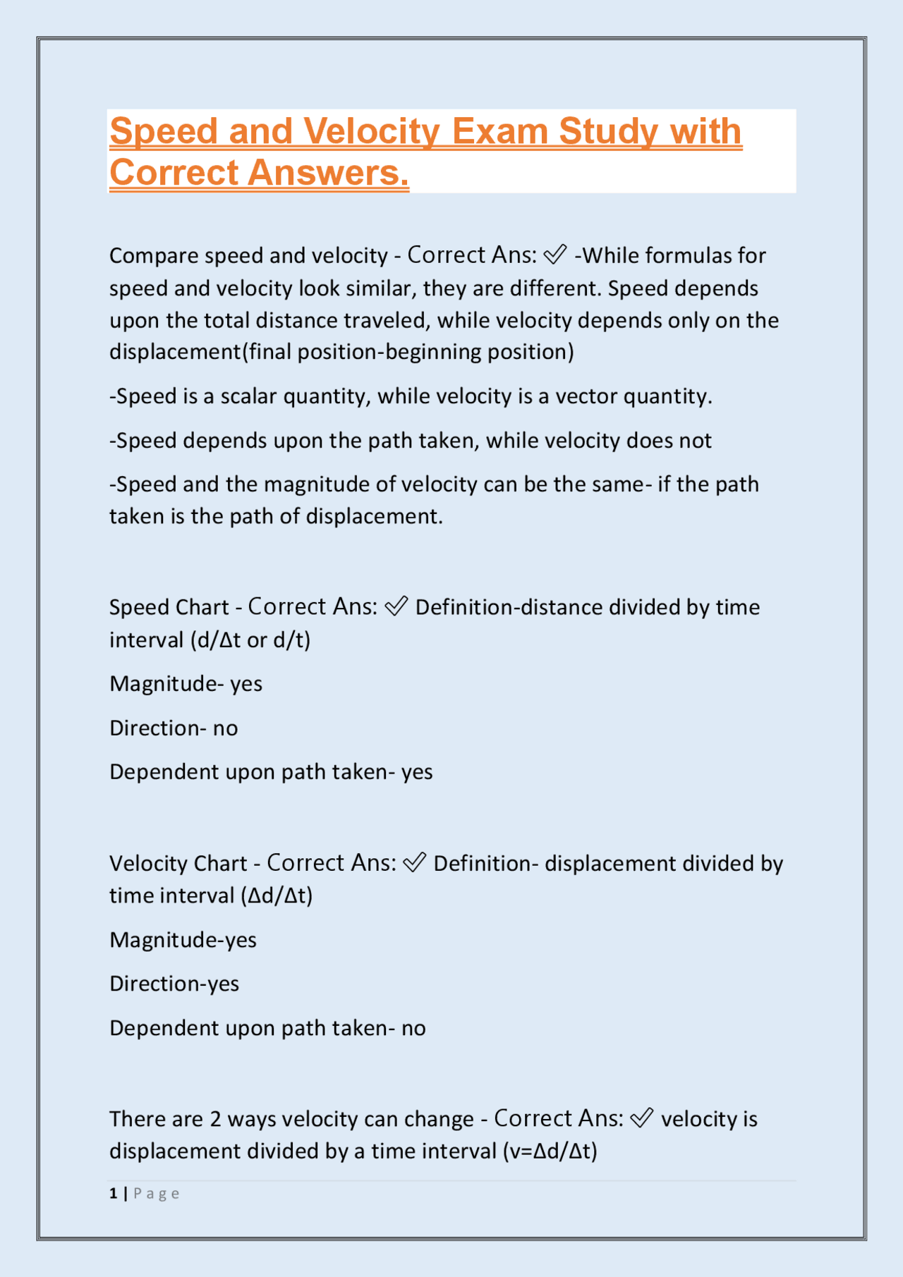 Speed and Velocity Exam Study Guide with Correct Answers | Exams Engineering | Docsity