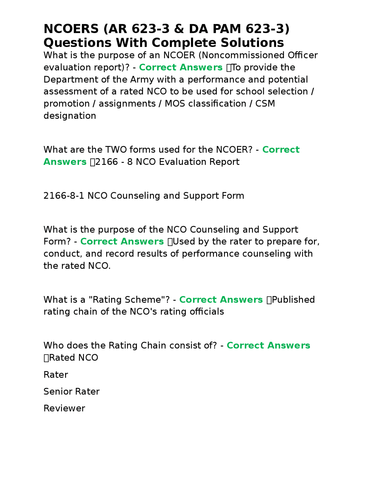 NCOERS (AR 623-3 & DA PAM 623-3) Questions With Complete Solutions ...