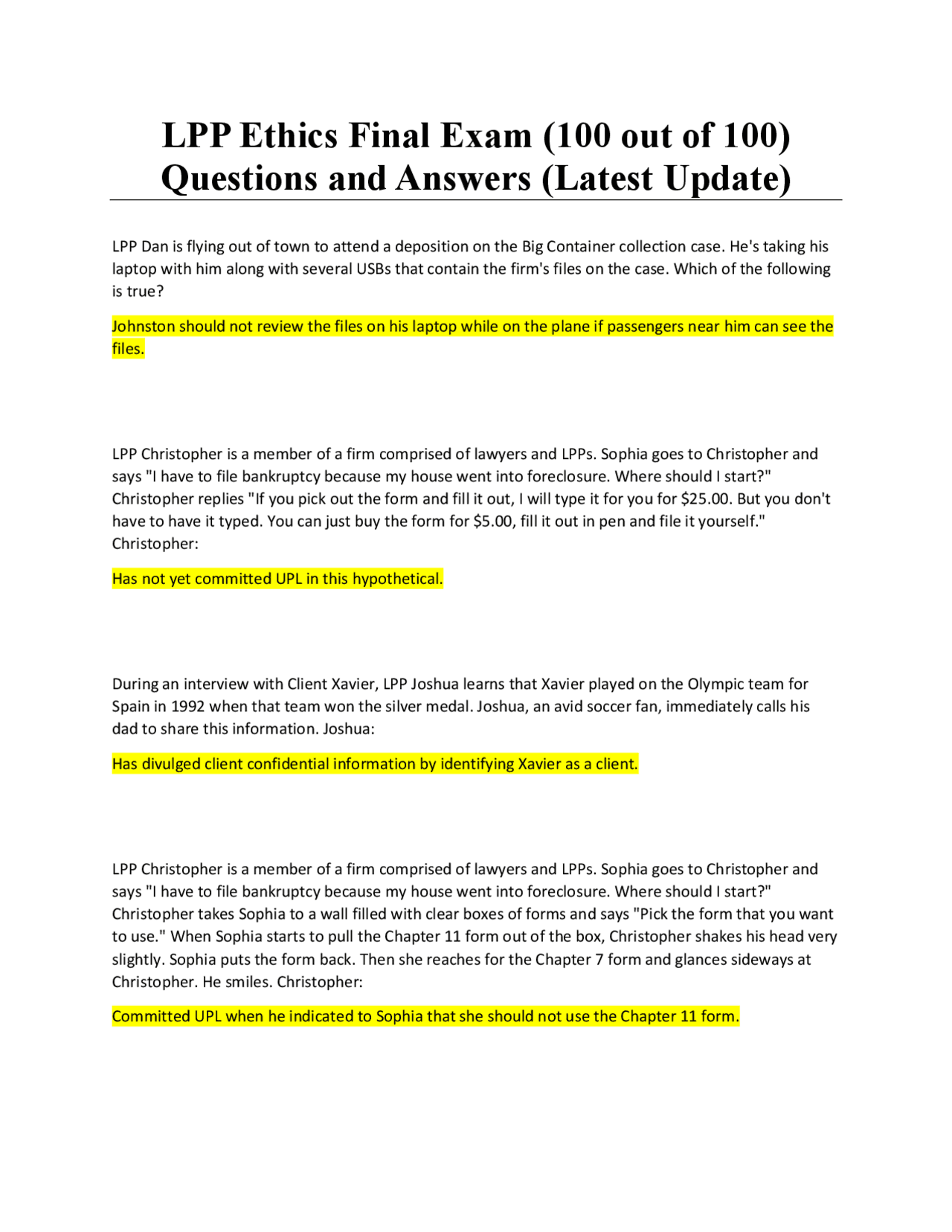LPP Ethics Final Exam: Questions and Answers | Exams Advanced Education | Docsity