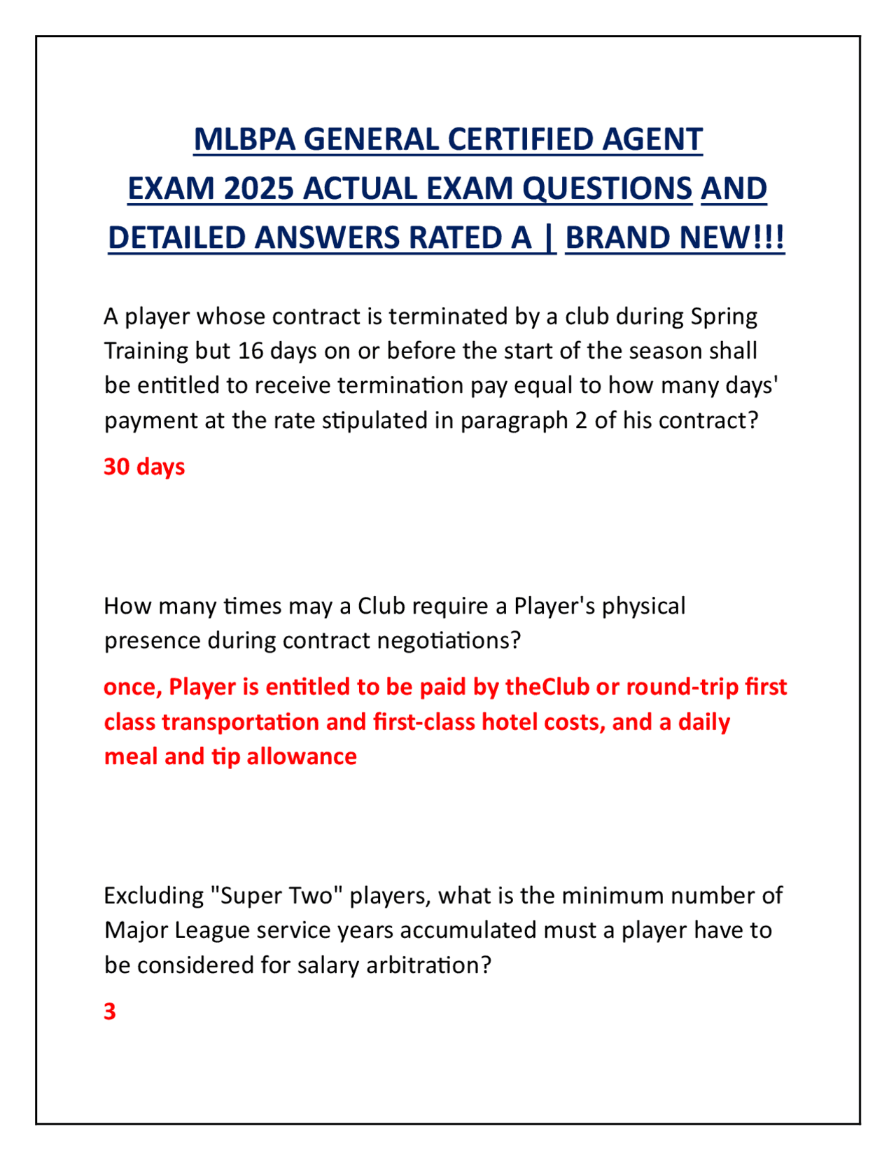 MLBPA General Certified Agent Exam 2025: Actual Exam Questions and ...