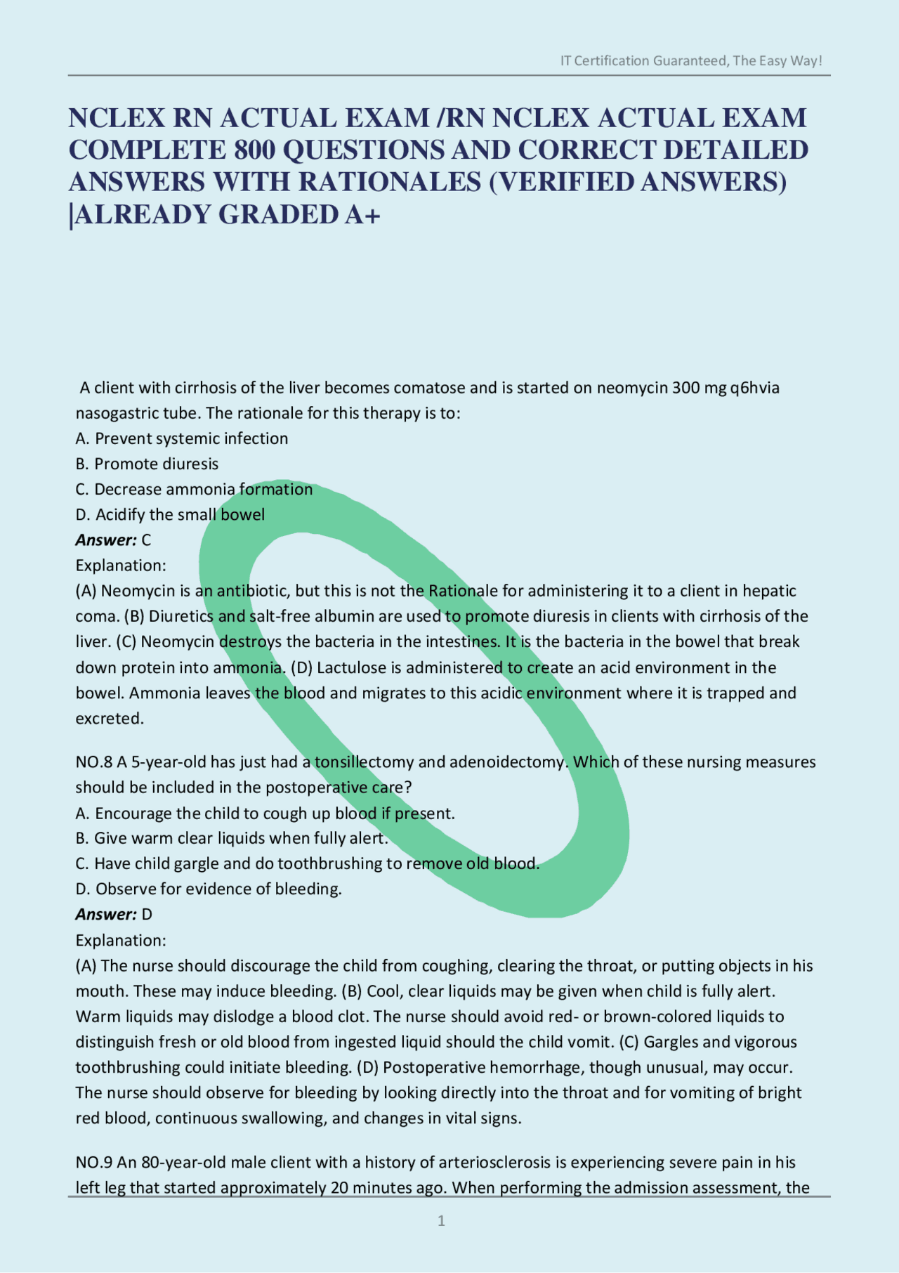 NCLEX RN ACTUAL EXAM /RN NCLEX ACTUAL EXAM COMPLETE 800 QUESTIONS AND CORRECT DETAILED ANS ...