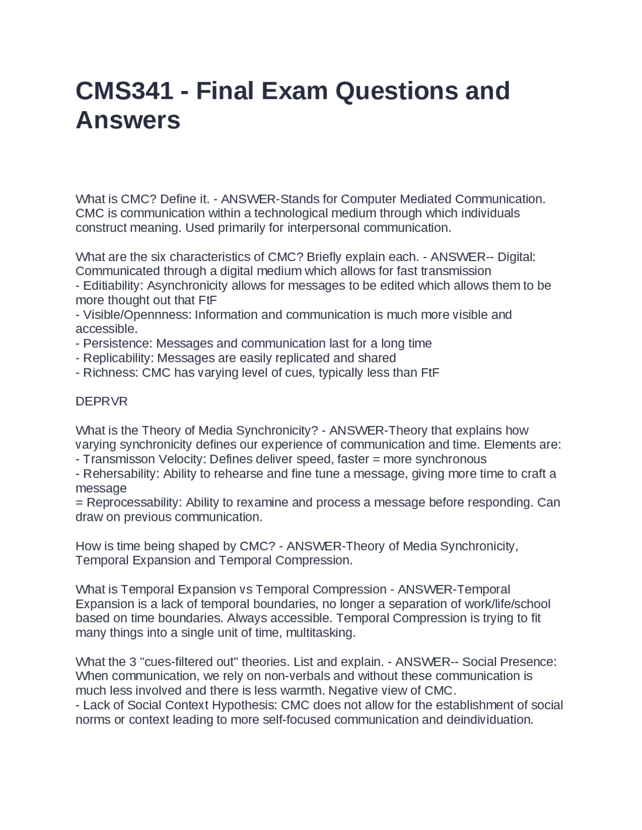 CMS341 Final Exam Questions and Answers: Exploring Computer-Mediated ...